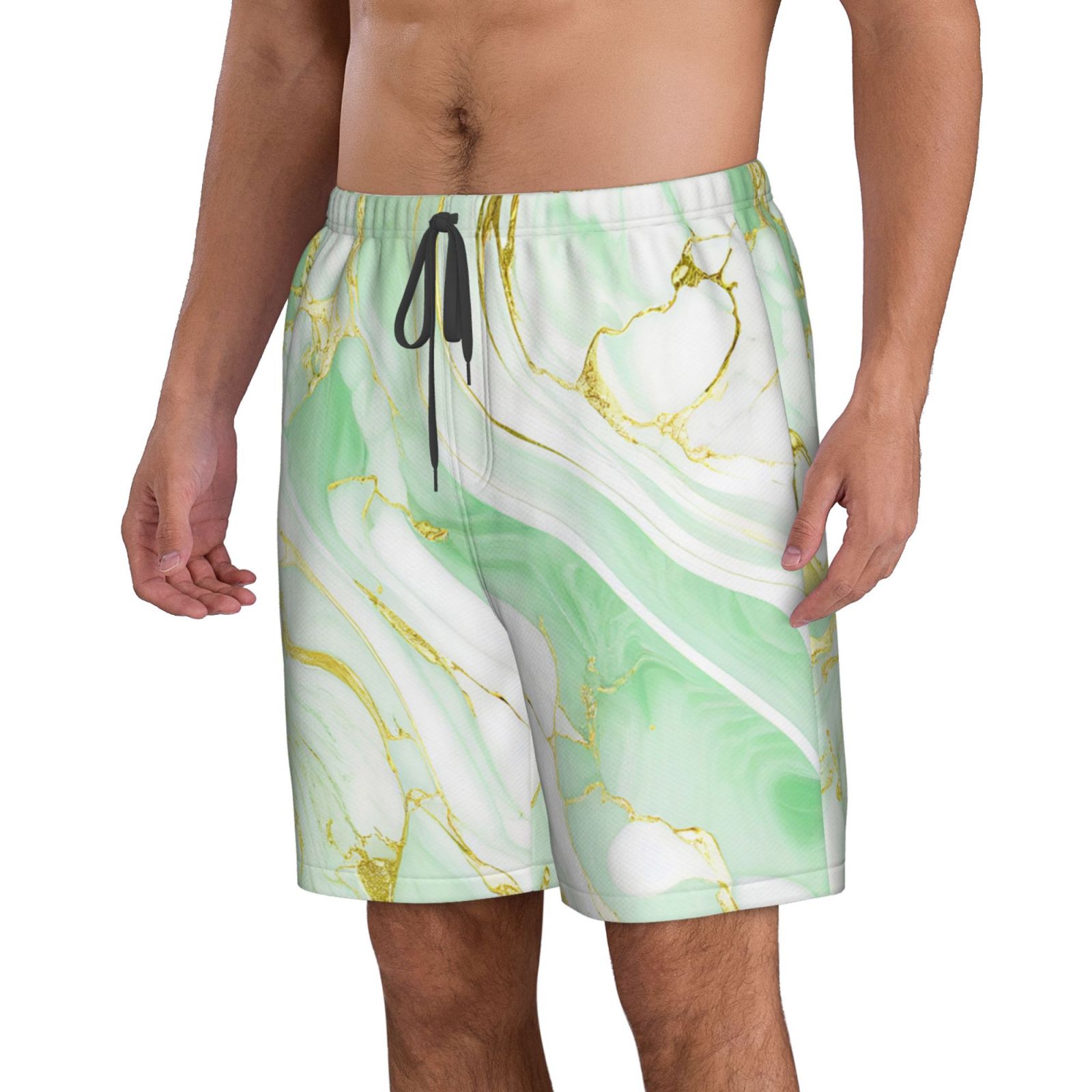 Uemuo Green And Gold Abstract Marble Pattern Men's Swim Trunks Hawaiian ...