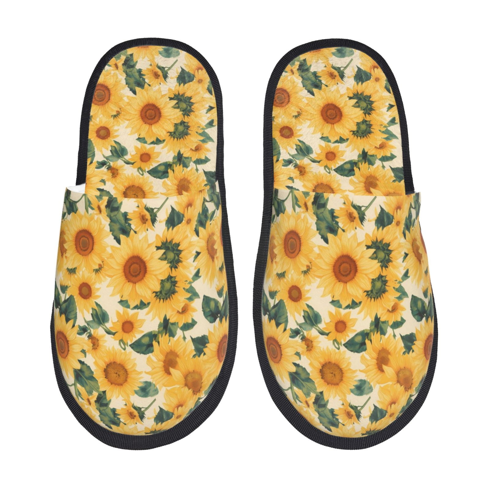 Uemuo Green Leaf Sunflower Printe Plush Furry Slippers with EVA Sole ...