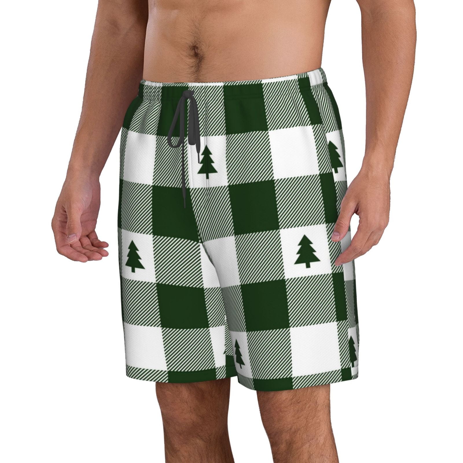 Uemuo Green White Lumberjack Plaid Pattern Men's Swim Trunks Hawaiian ...