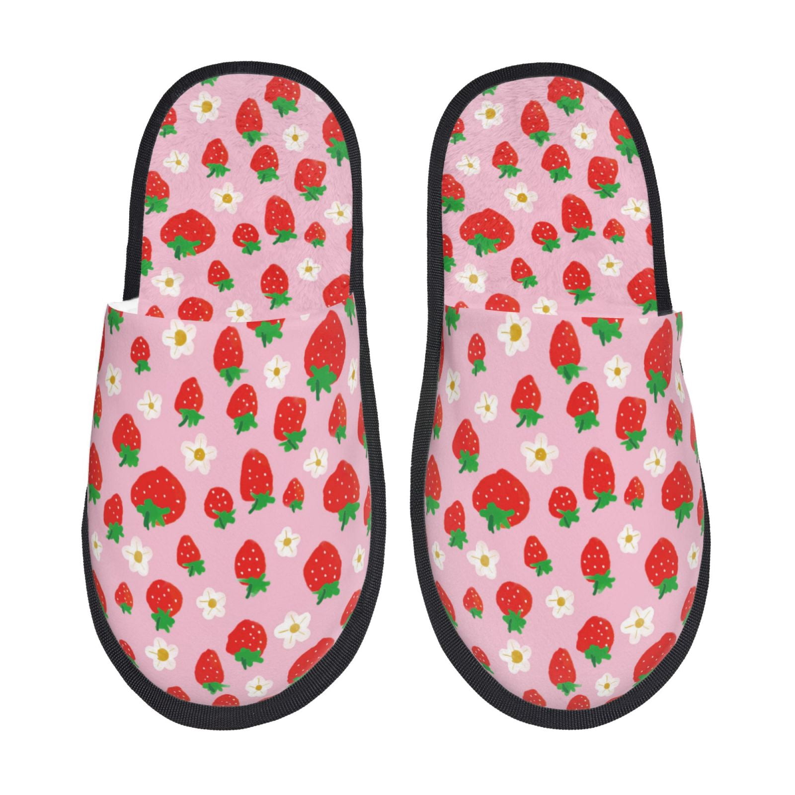 Uemuo Hand Drawn Strawberry Printe Plush Furry Slippers with EVA Sole ...