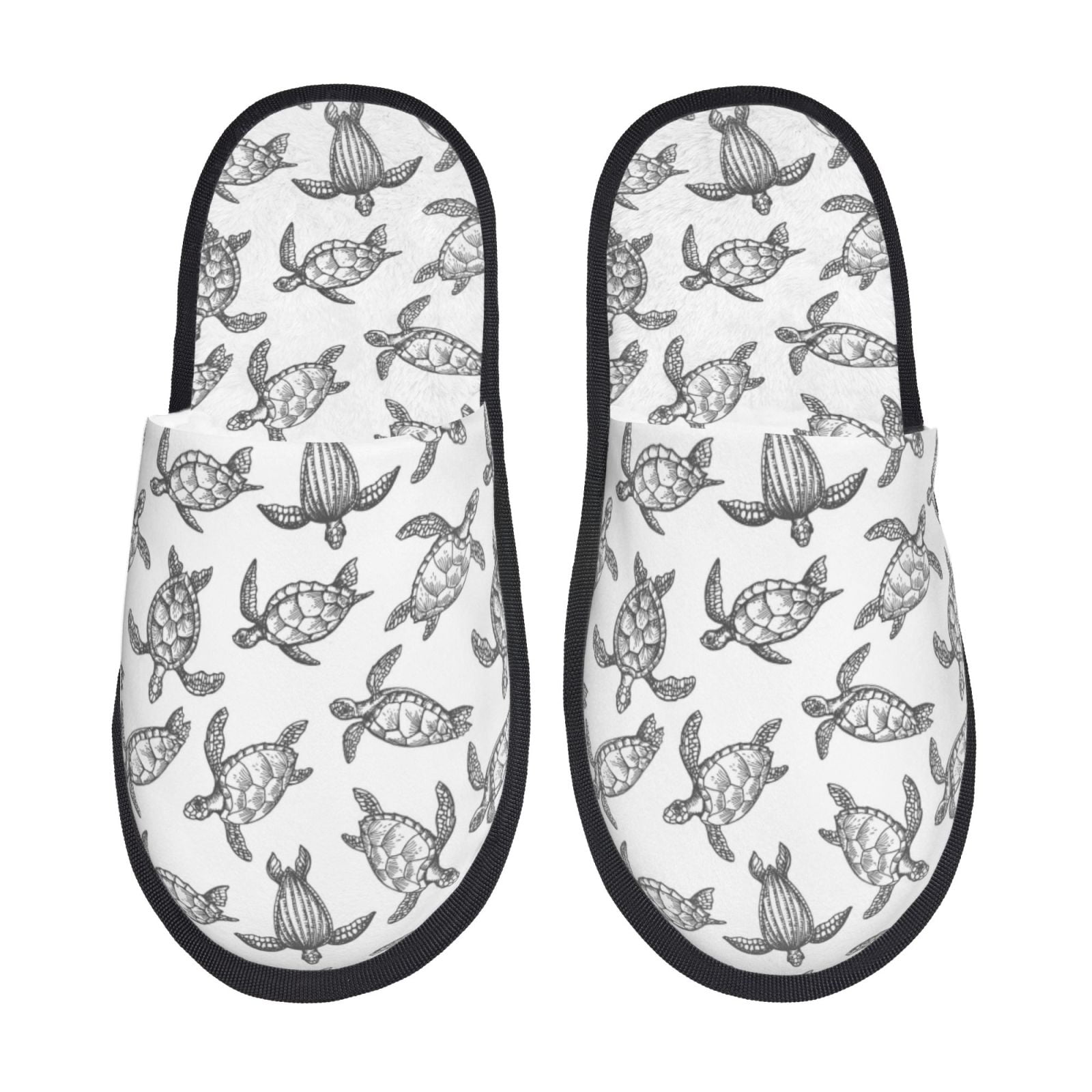 Uemuo Hand Drawn Turtle Printe Plush Furry Slippers with EVA Sole for ...