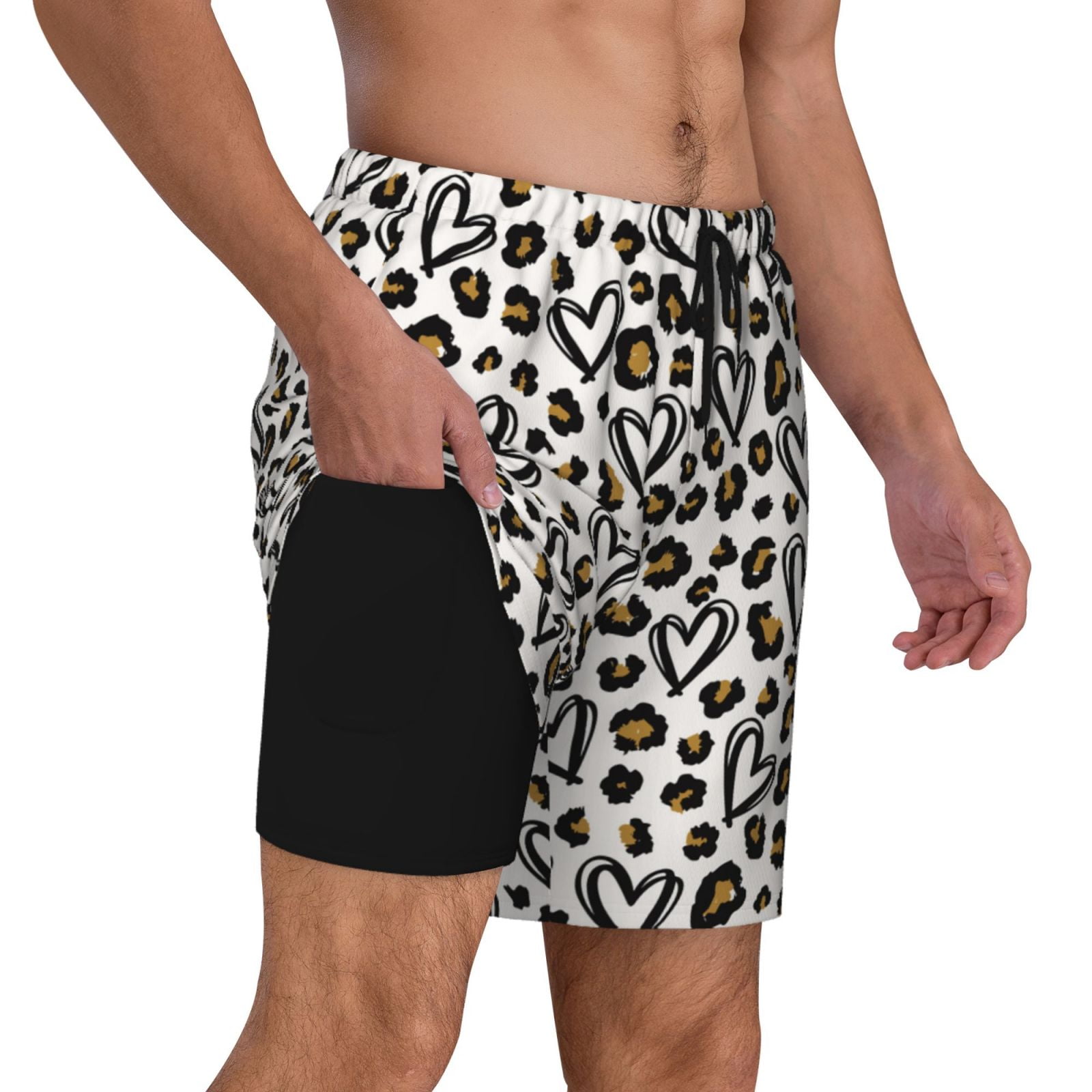 Uemuo Heart Leopard Pattern Mens Swim Trunks Quick Dry Board Shorts ...