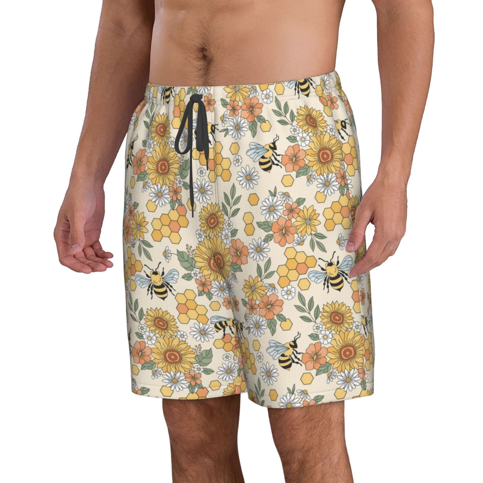 Uemuo Hippie Bee Honeycomb Pattern Men's Swim Trunks Hawaiian Beach ...