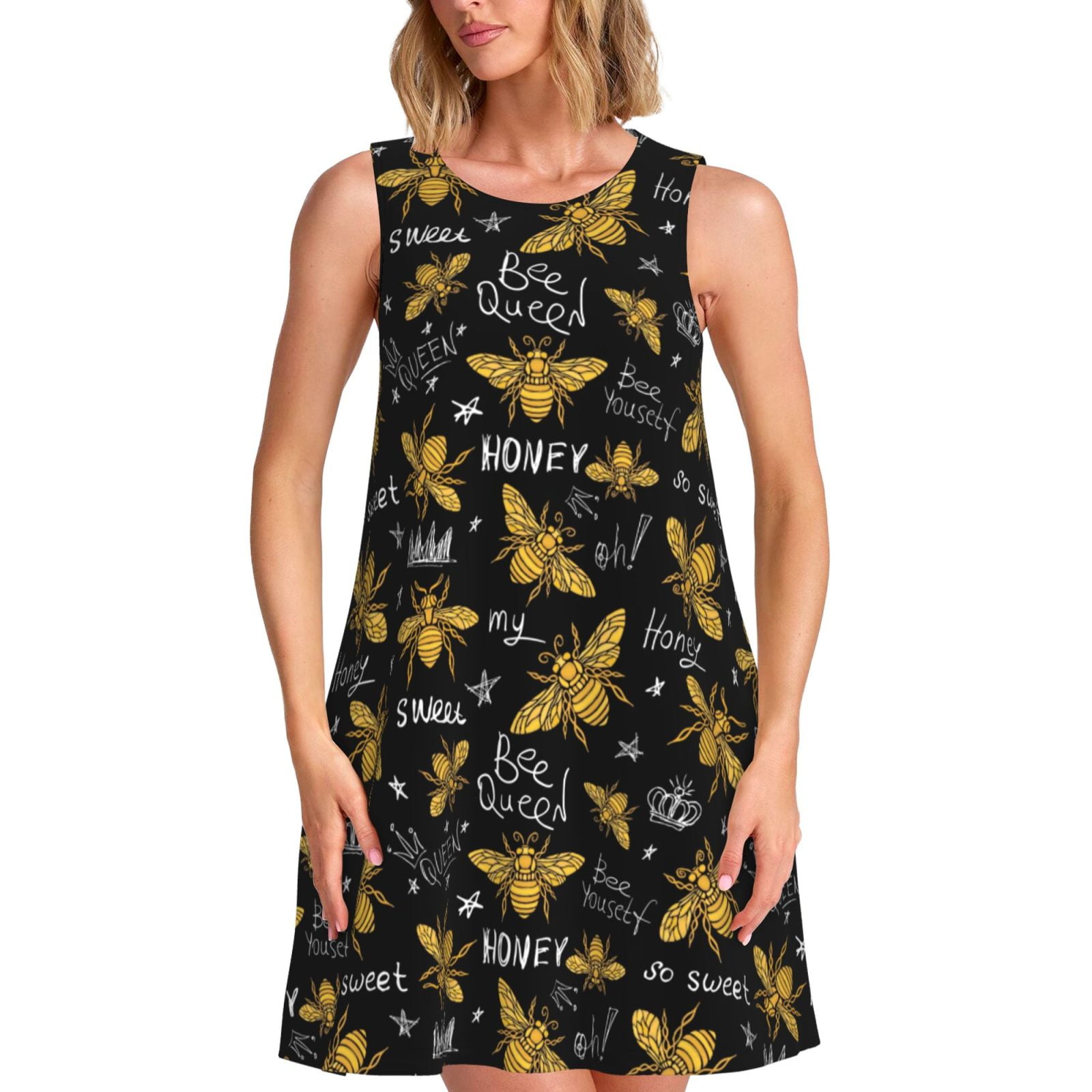 Uemuo Hohey Bee Golden Embroidery Pattern Women’s Sleeveless Dress ...