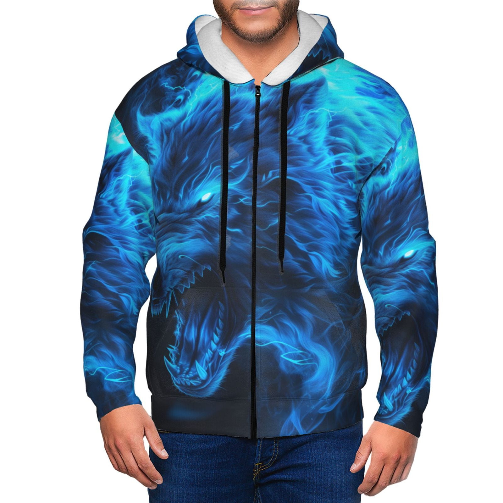 Uemuo Ice Blue Fire Wolf for Men's Fashion Full-zip Hoodies ...