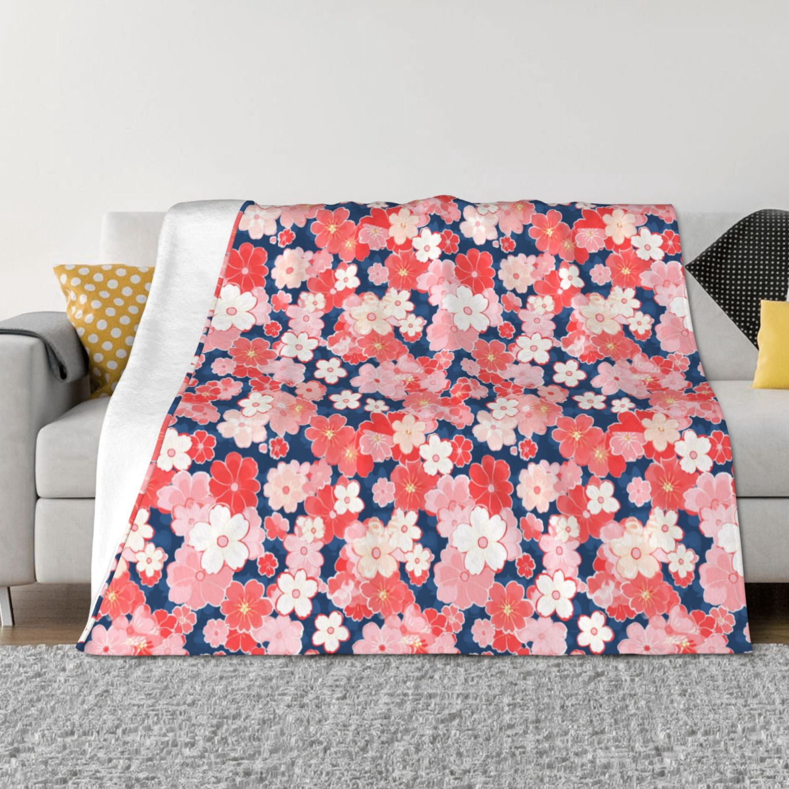 Uemuo Japanese Cherry Blossoms Printed Throw Blanket for Couch, Fluffy ...
