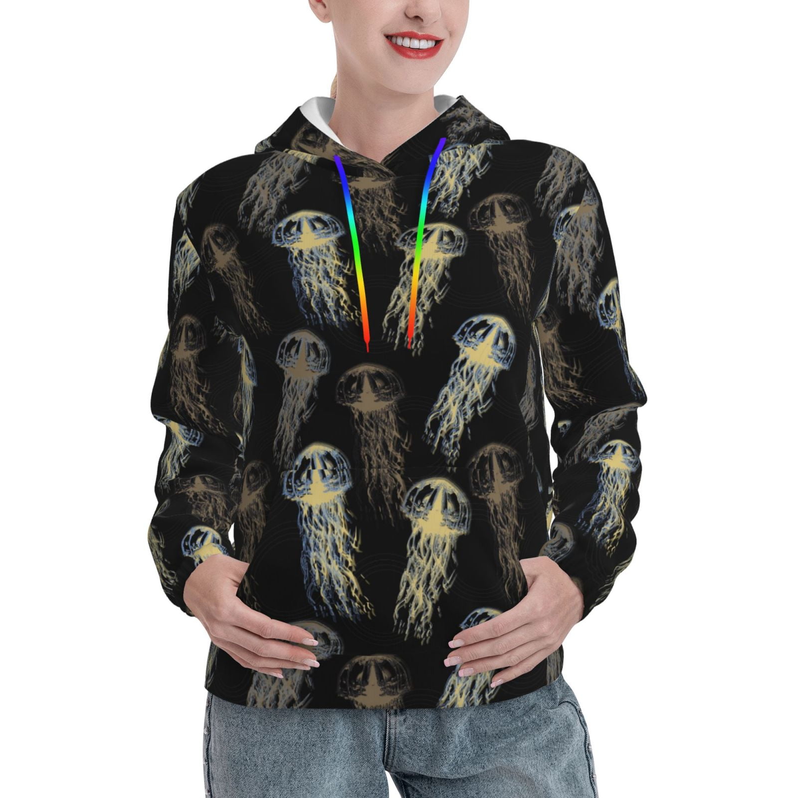 Uemuo Jellyfish Pattern Women's Hoodie with Eye-catching Drawstrings- Casual Pullover Hoodie ...