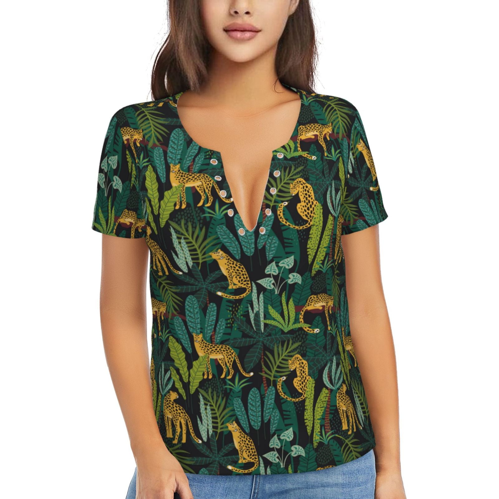 Uemuo Jungle Leopard Yellow Drawing Women's Deep V-Neck Low Cut Tops ...