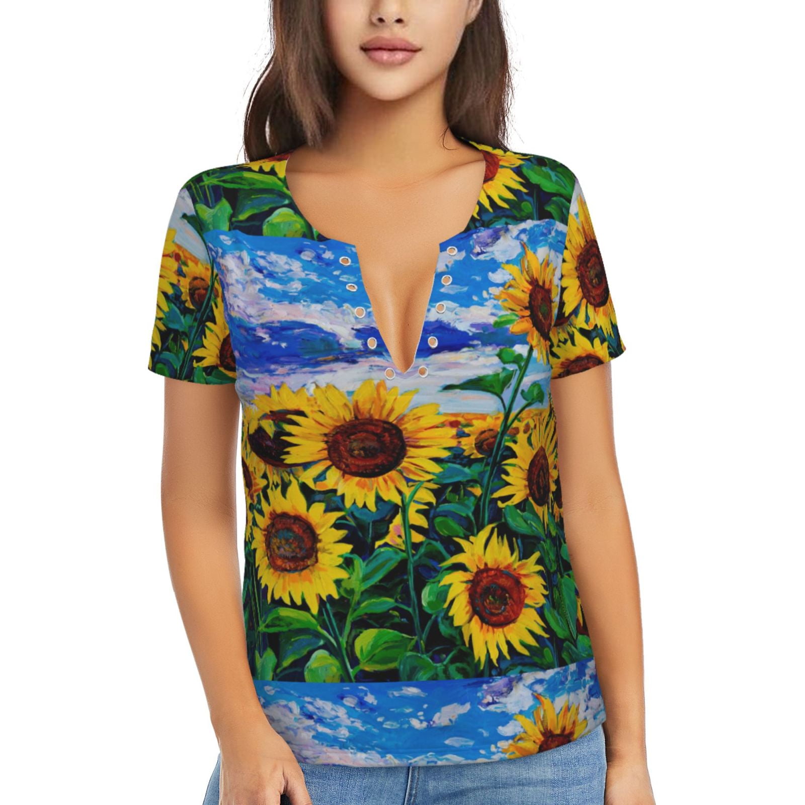 Uemuo Landscape With Sunflowers Drawing Women's Deep V-Neck Low Cut ...