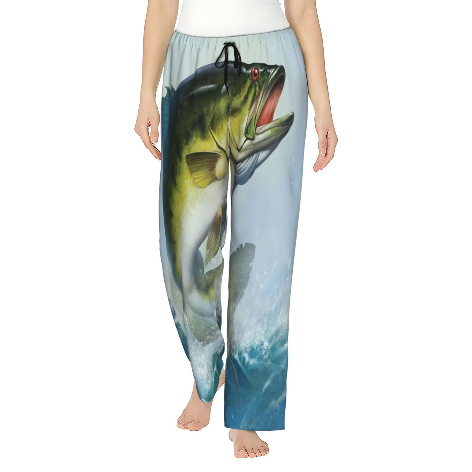 Uemuo Largemouth Bass jumps out of water Pattern Women's Wide Leg Palazzo Lounge Pants with ...