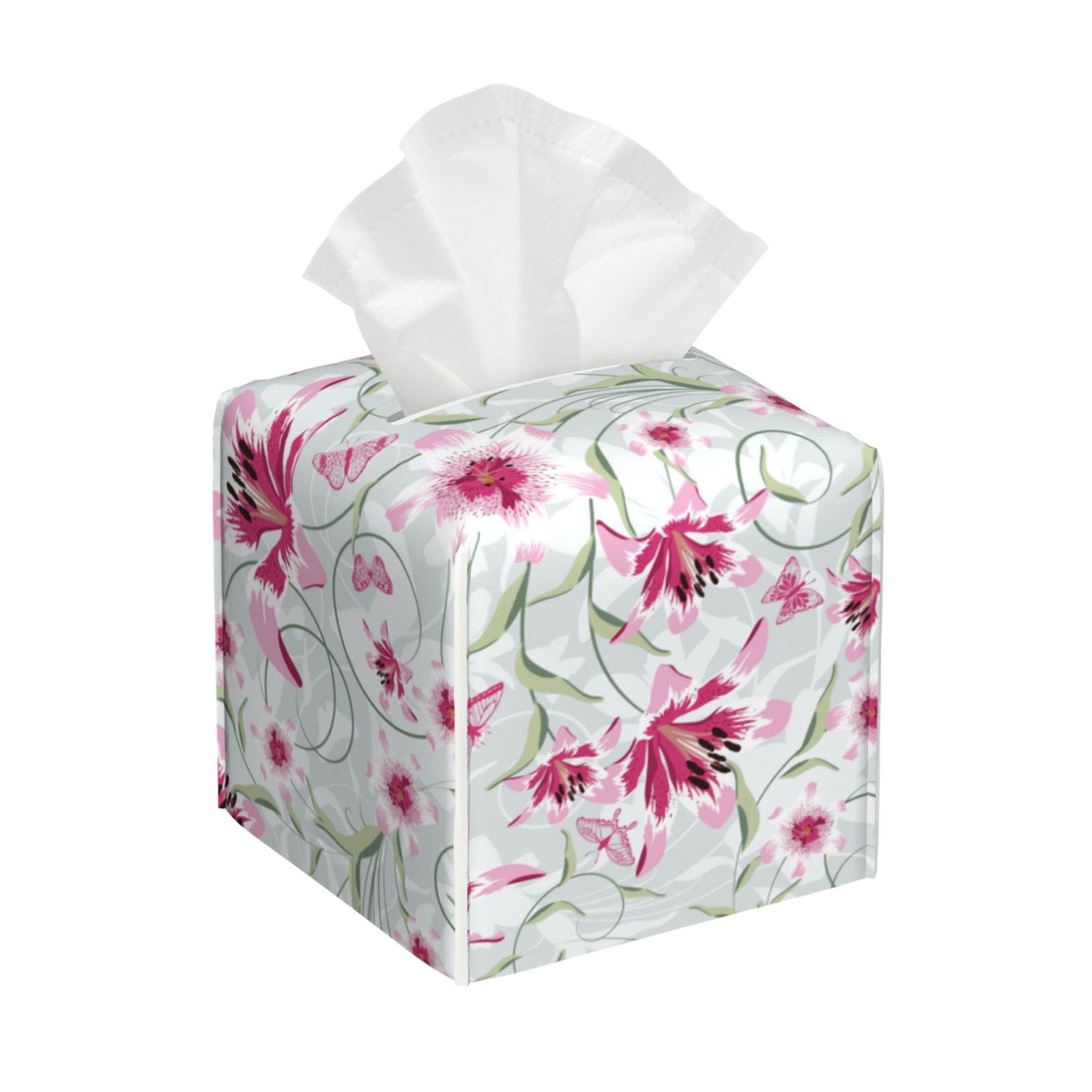 Uemuo Lilies Flowers Tissue Box Cover Holder, Square with Bottom Belt ...