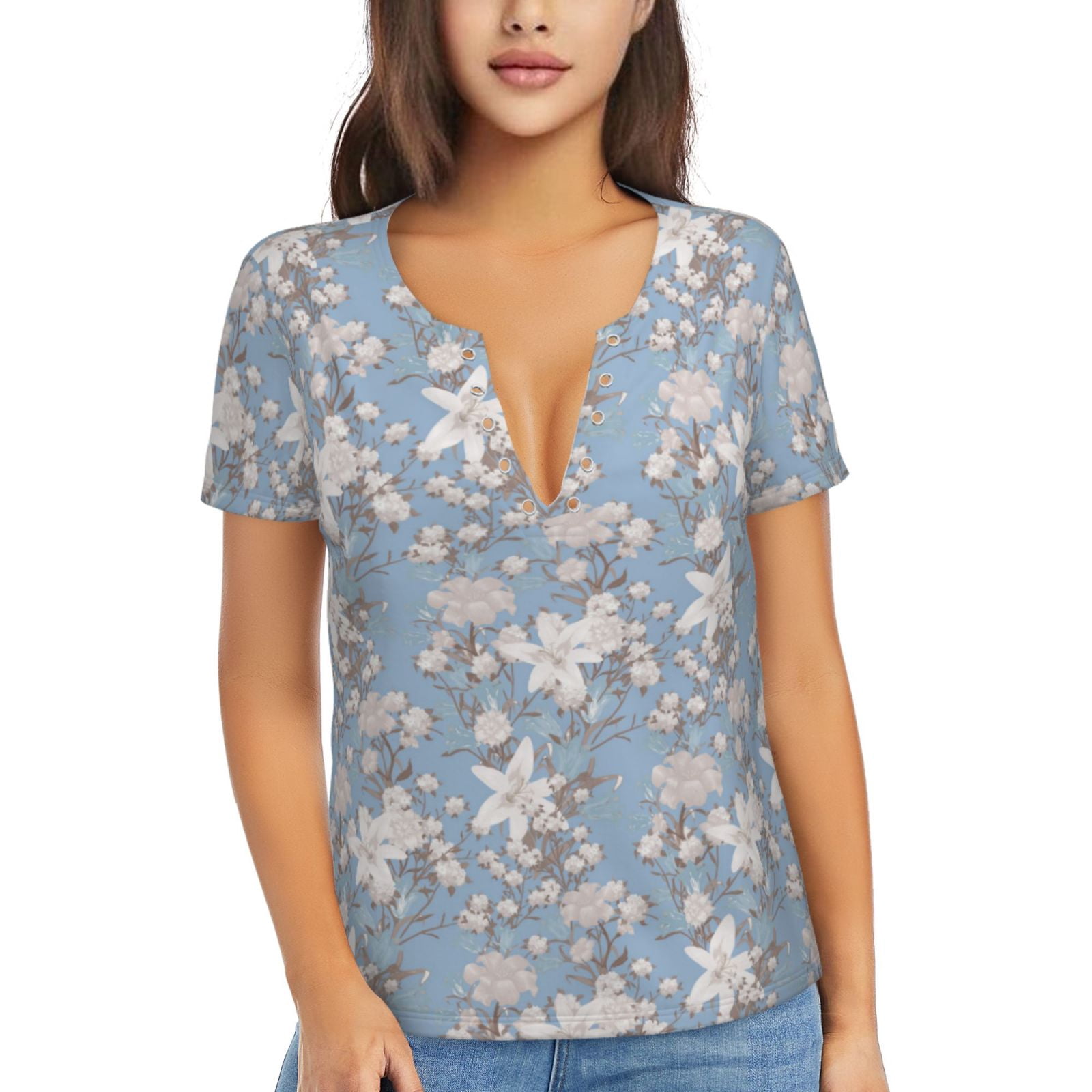 Uemuo Lily Flower Drawing Women's Deep V-Neck Low Cut Tops - Casual ...