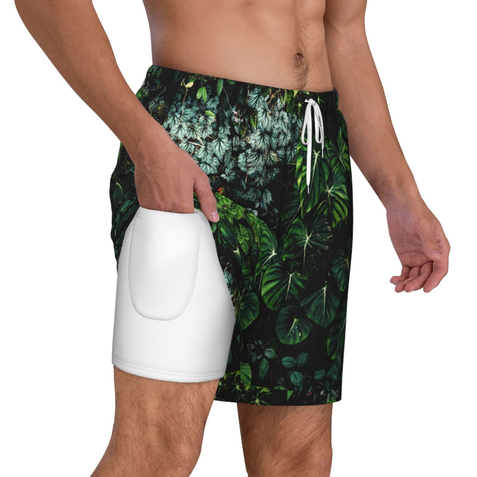 Uemuo Lush Foliage Green Plant Pattern Mens Swim Trunks Quick Dry Board ...