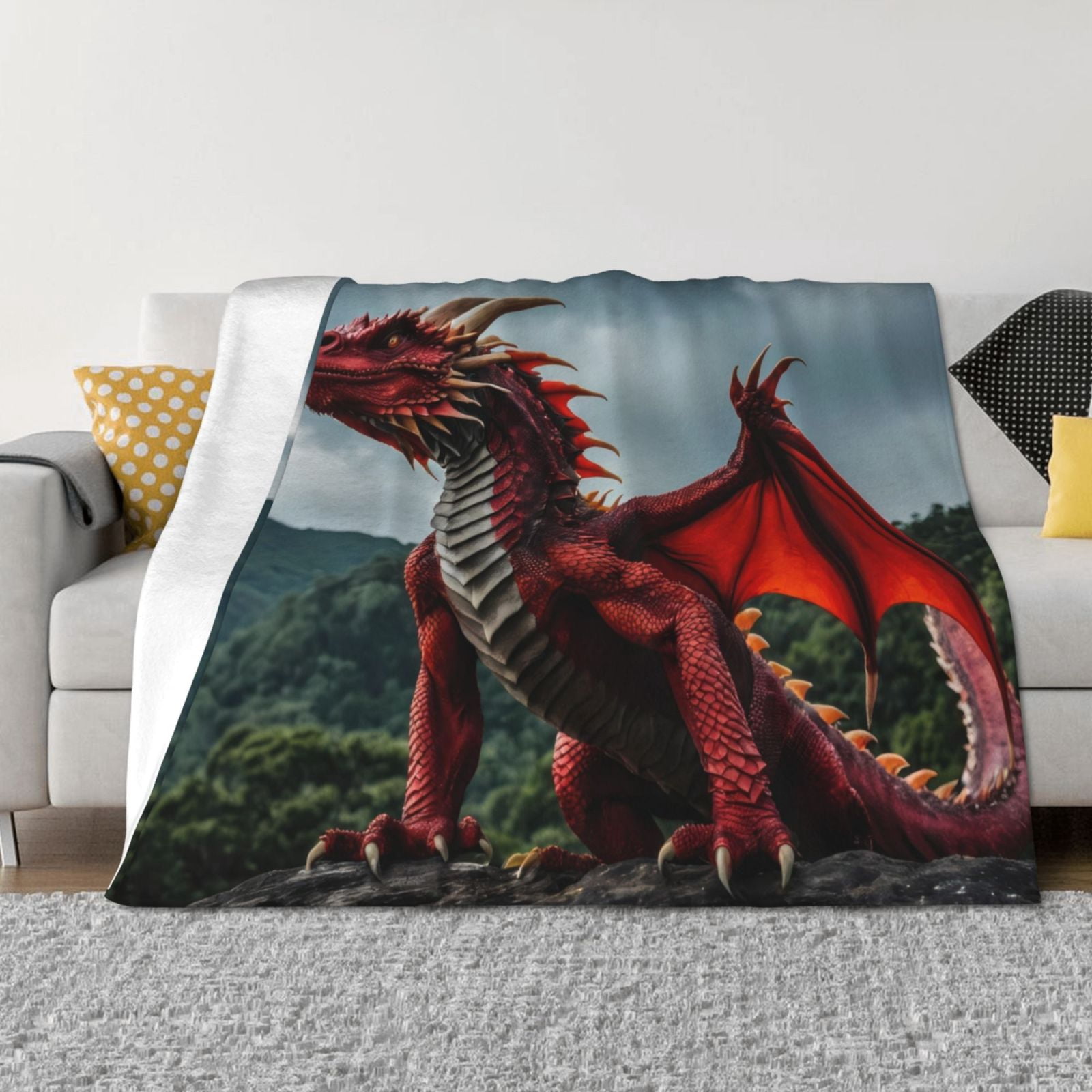 Uemuo Majestic Red Dragon Printed Throw Blanket for Couch, Fluffy Fuzzy ...