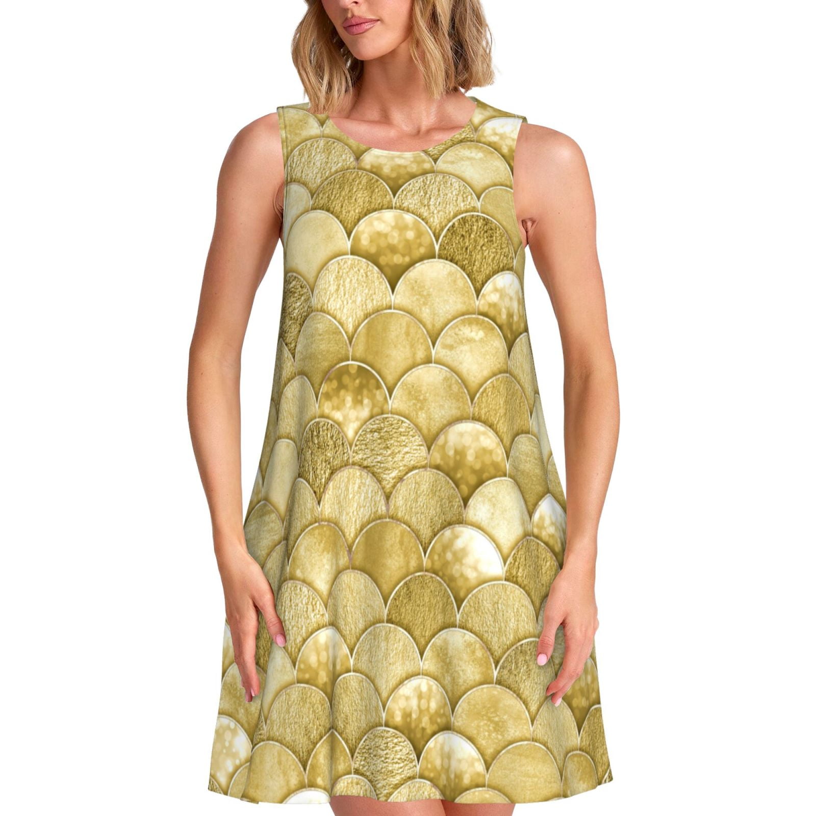 Uemuo Mermaid Fish Scale Pattern Women’s Sleeveless Dress – Casual ...