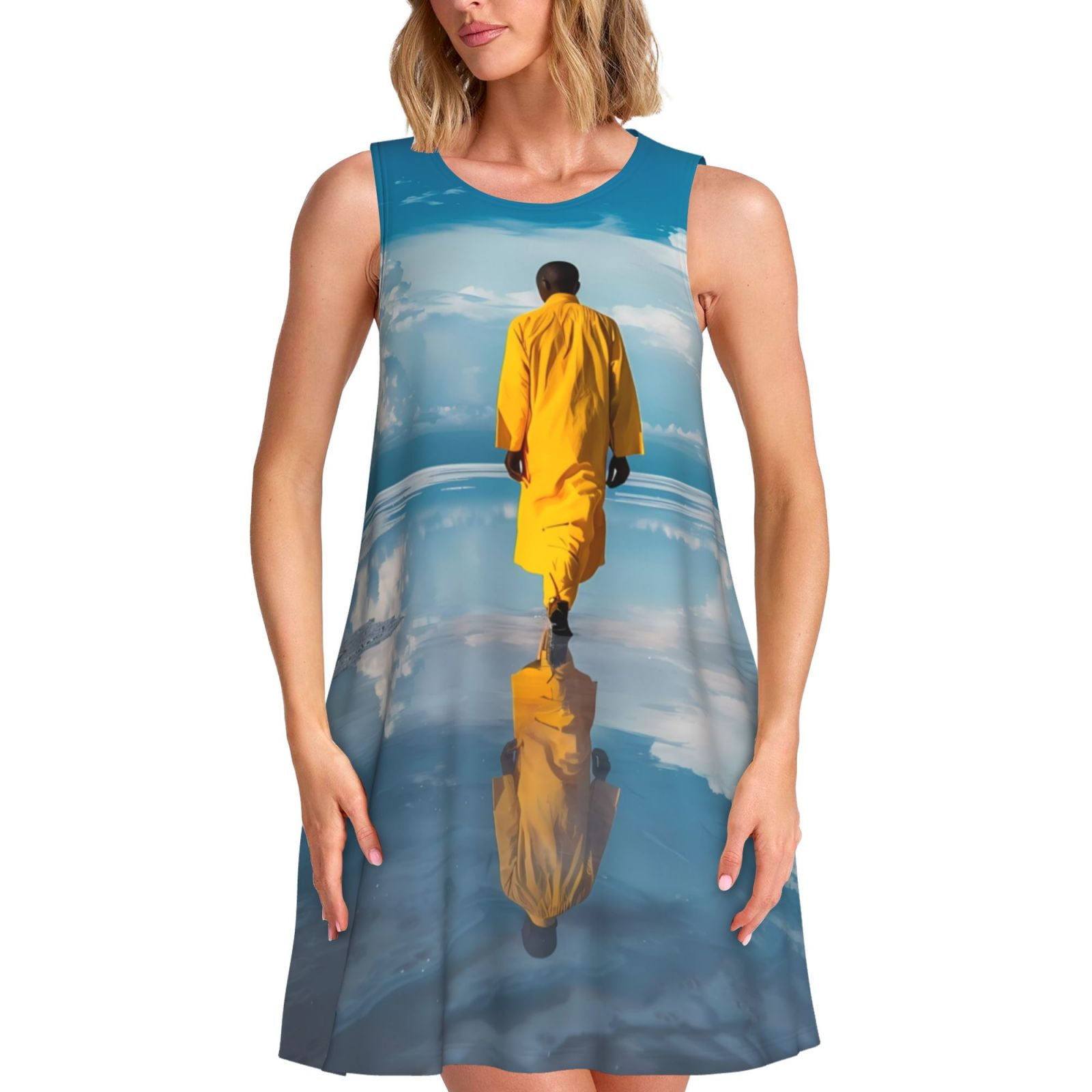 Uemuo Monk Walking On Water Pattern Women’s Sleeveless Dress – Casual ...
