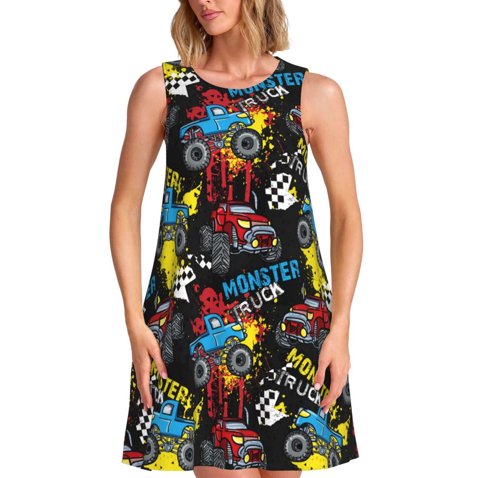 Uemuo Monster Car Pattern Women’s Sleeveless Dress – Casual Summer A ...