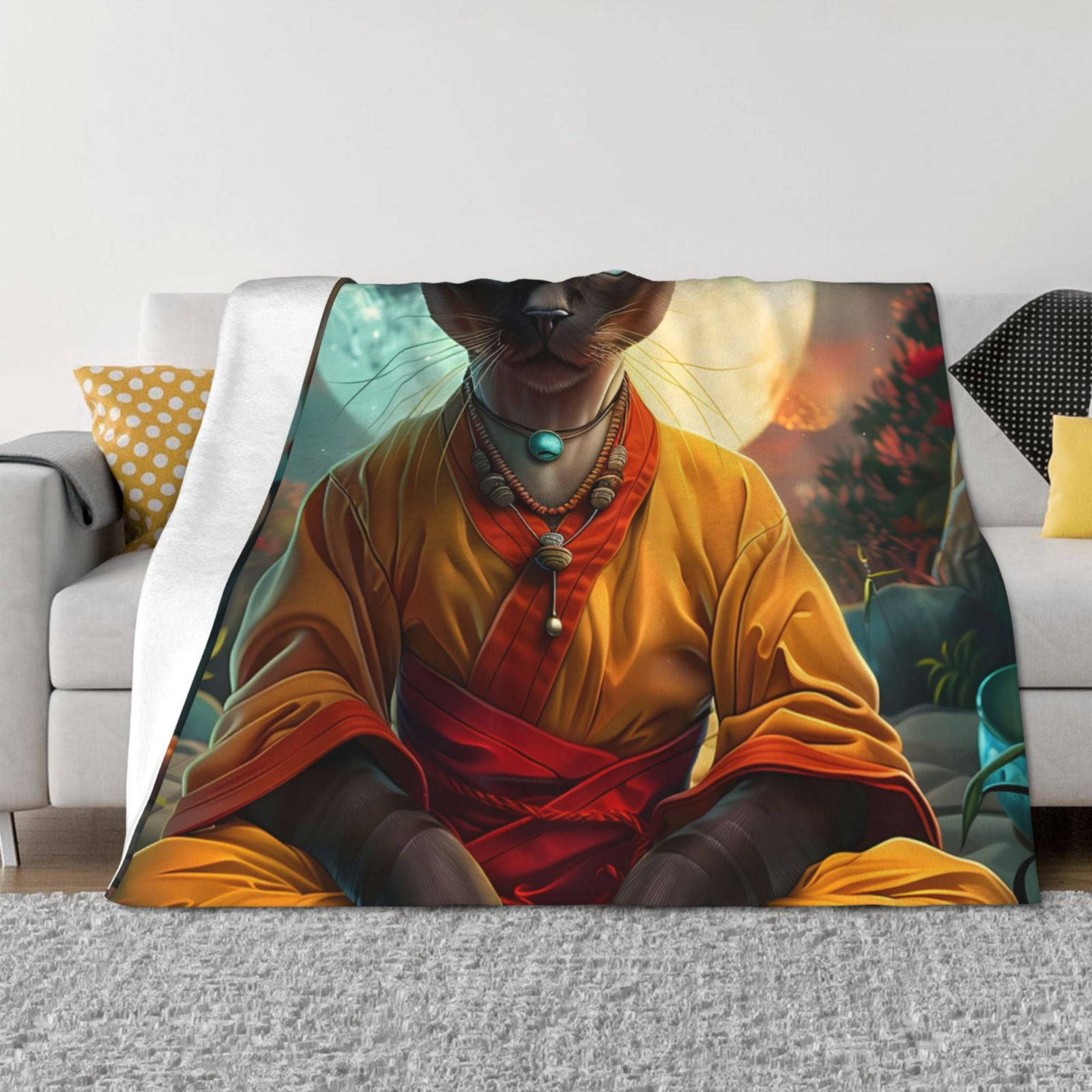 Uemuo Moonlit Hairless Cat Monk Printed Throw Blanket for Couch, Fluffy ...