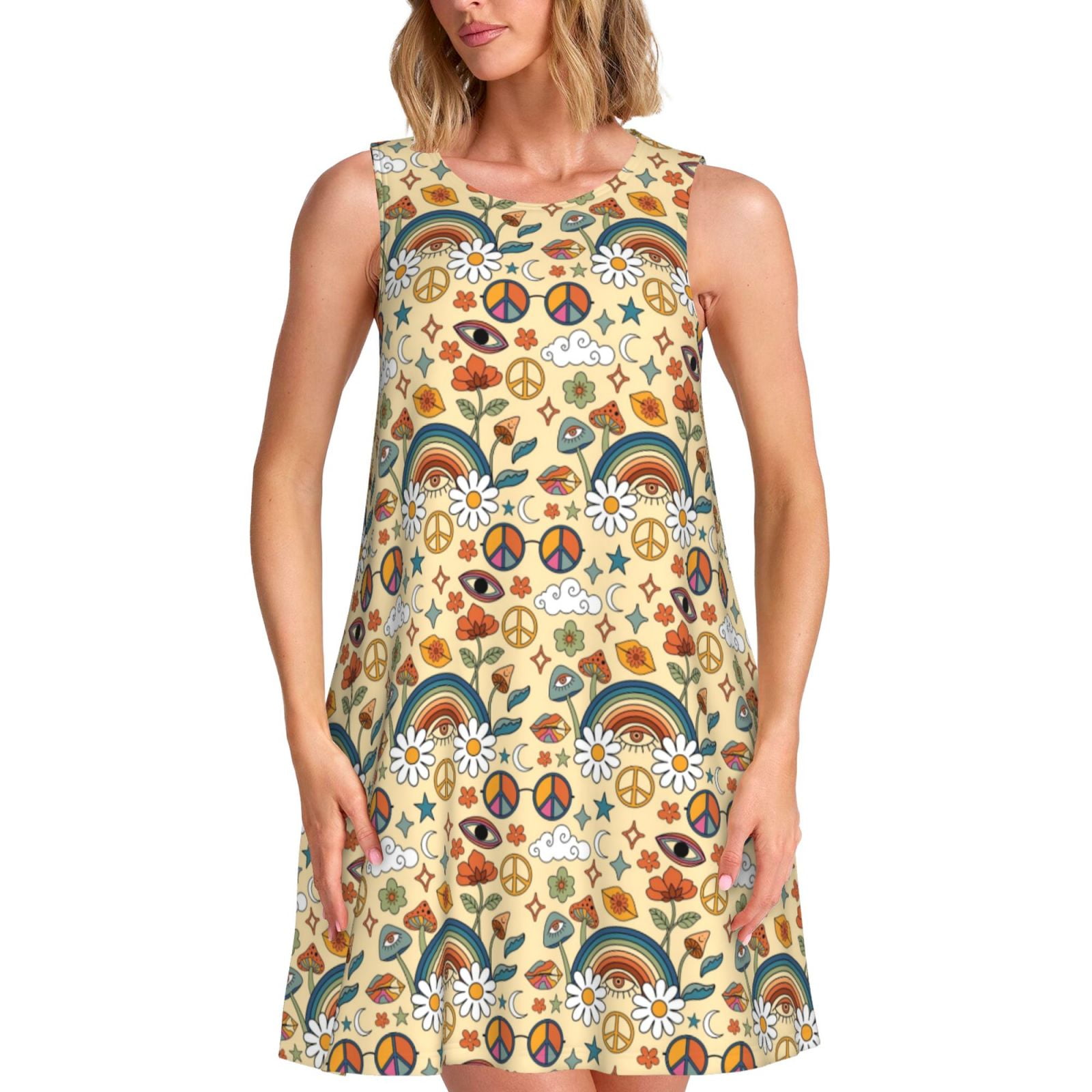 Uemuo Mushrooms And Rainbows Peace Pattern Women’s Sleeveless Dress ...