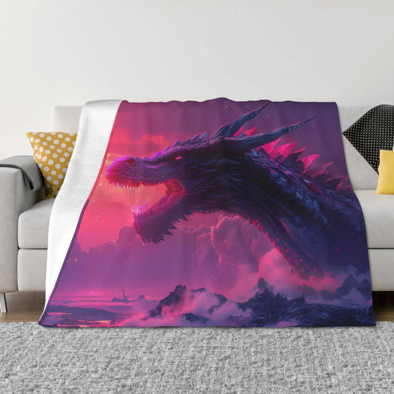 Uemuo Mystical Dragon Under Moon Printed Throw Blanket for Couch ...