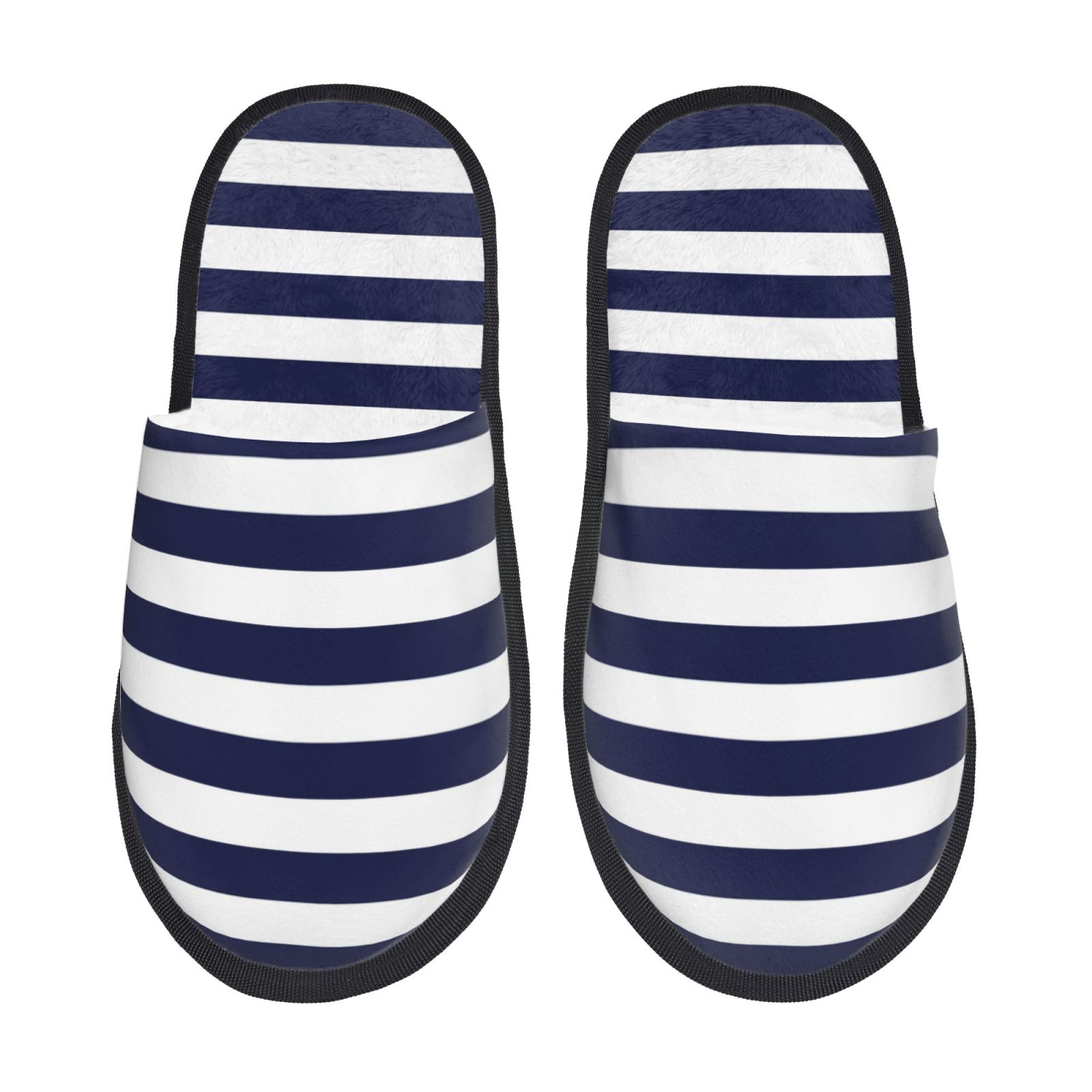 Uemuo Navy Blue And White Stripes Printe Plush Furry Slippers with EVA ...