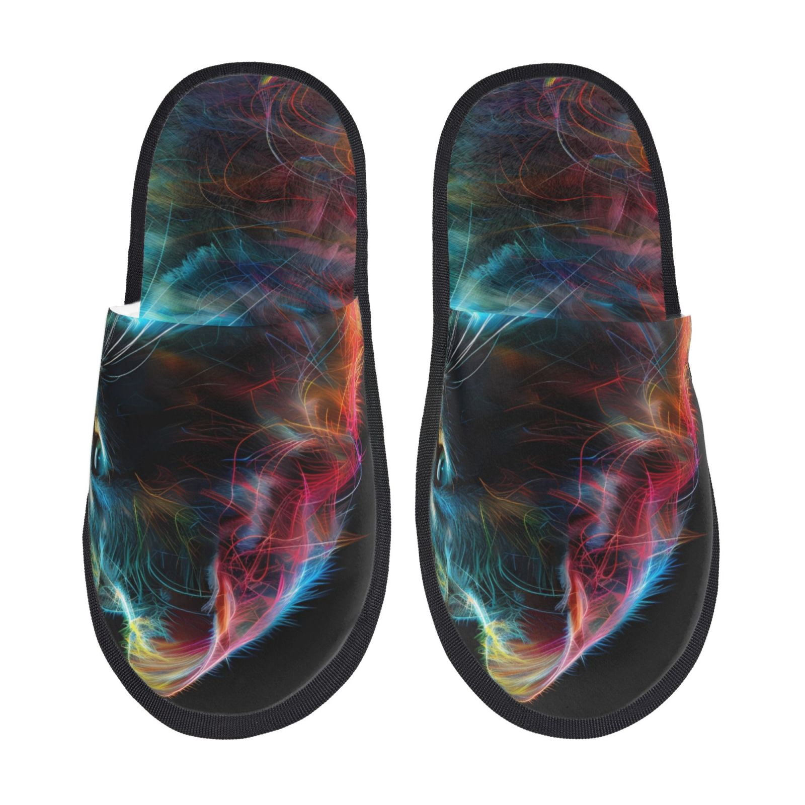 Uemuo Neon Spectrum Cat Portrait Printe Plush Furry Slippers with EVA ...