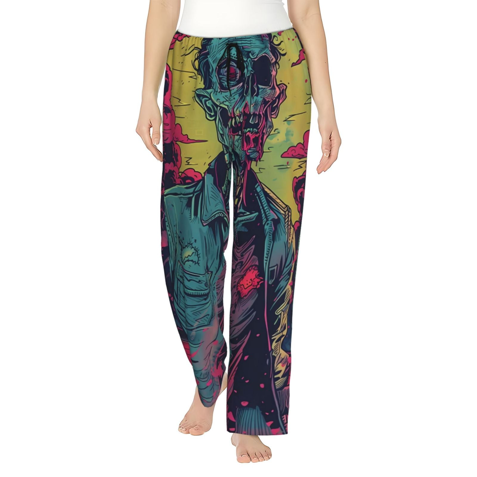 Uemuo Neon Zombie Skull Pattern Women's Wide Leg Palazzo Lounge Pants ...