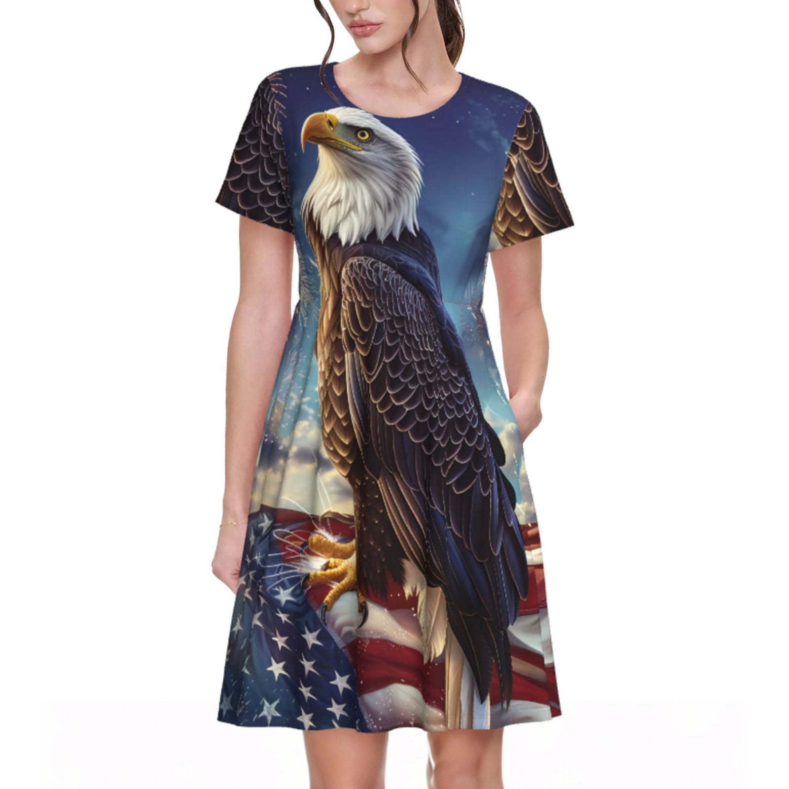 Uemuo Night Sky Bald Eagle Print Womens Summer Dress Casual Swing Short ...