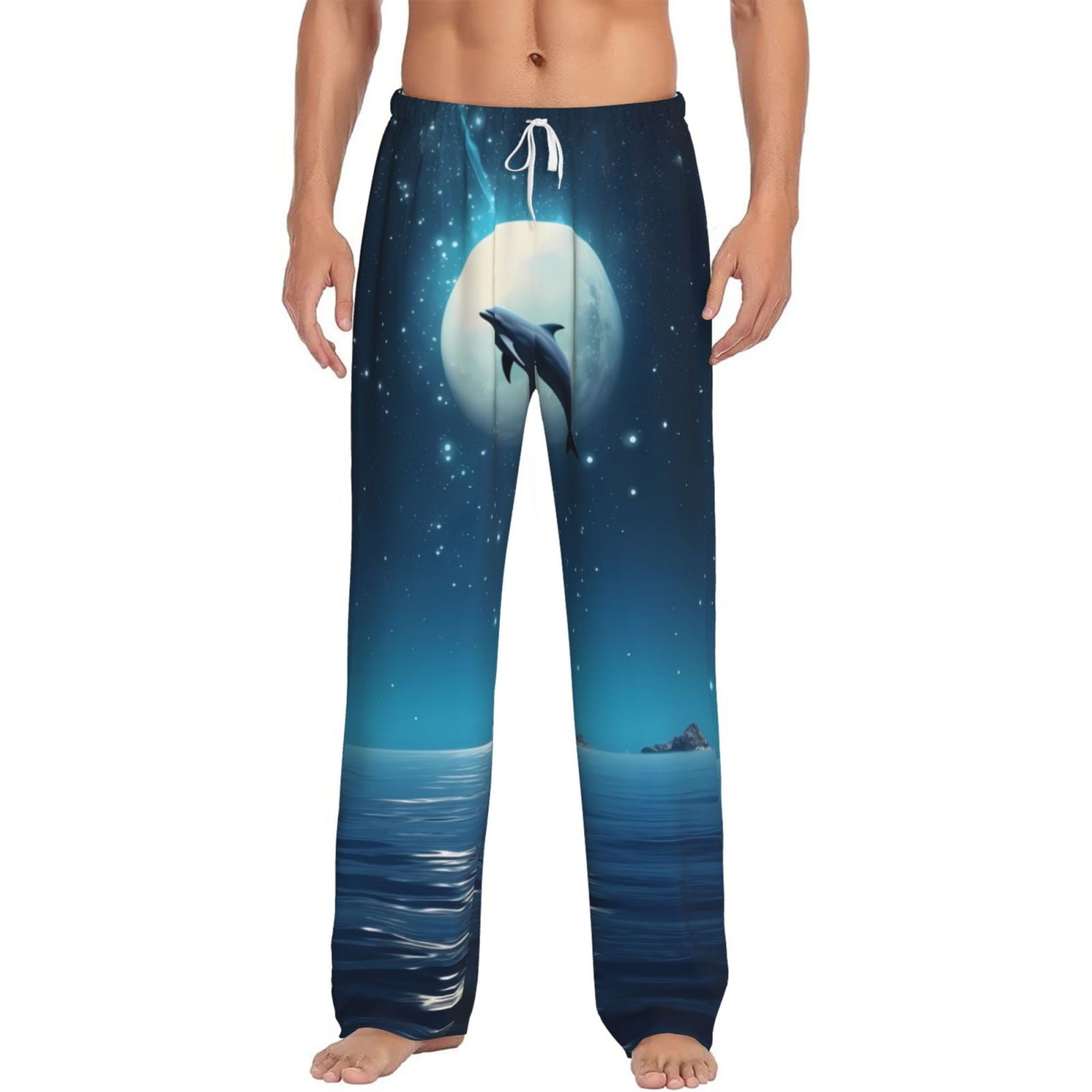 Uemuo Night Sky Moon Dolphin Pattern Men's Wide Leg Palazzo Lounge Pants with Pockets Light ...