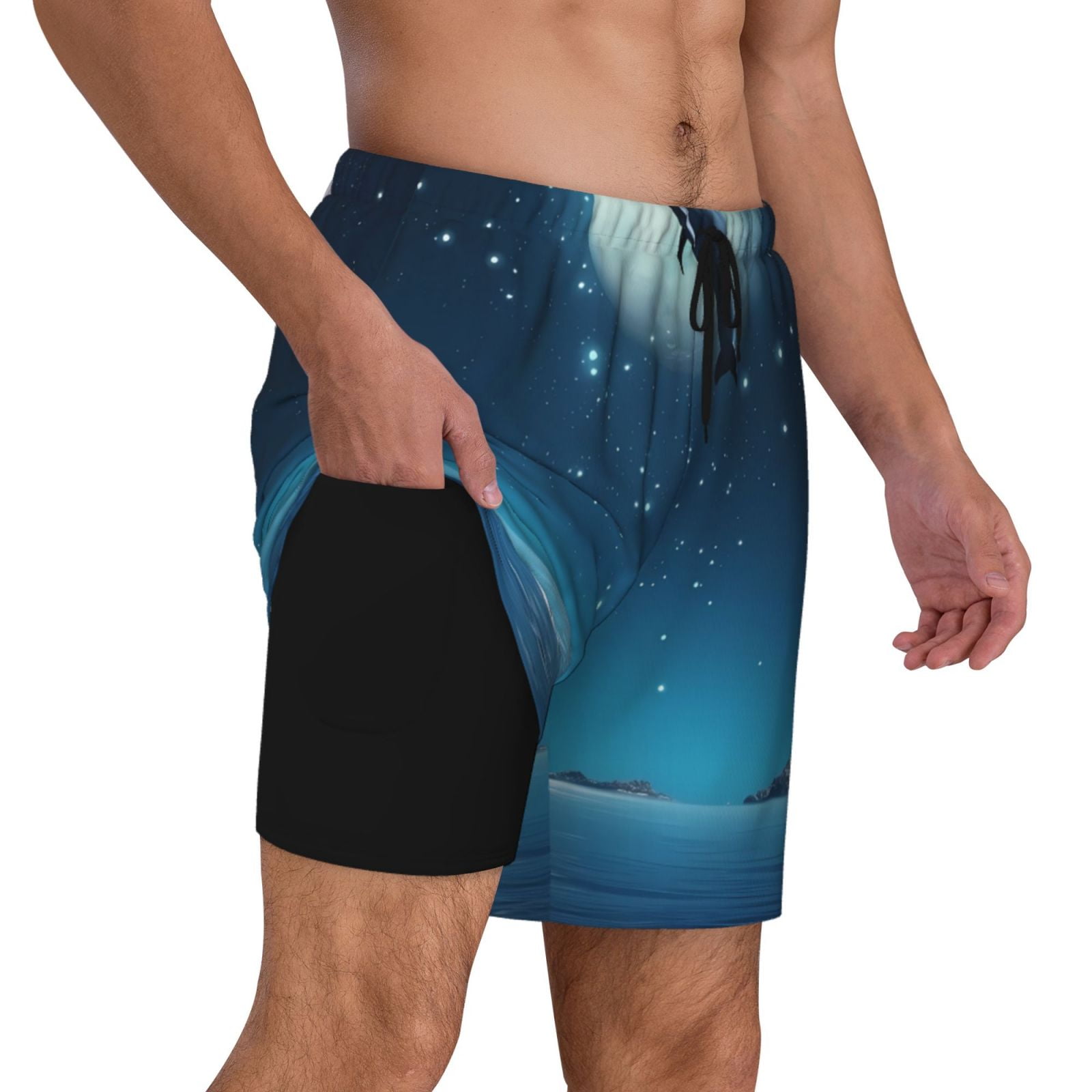 Uemuo Night Sky Moon Dolphin Pattern Mens Swim Trunks Quick Dry Board ...