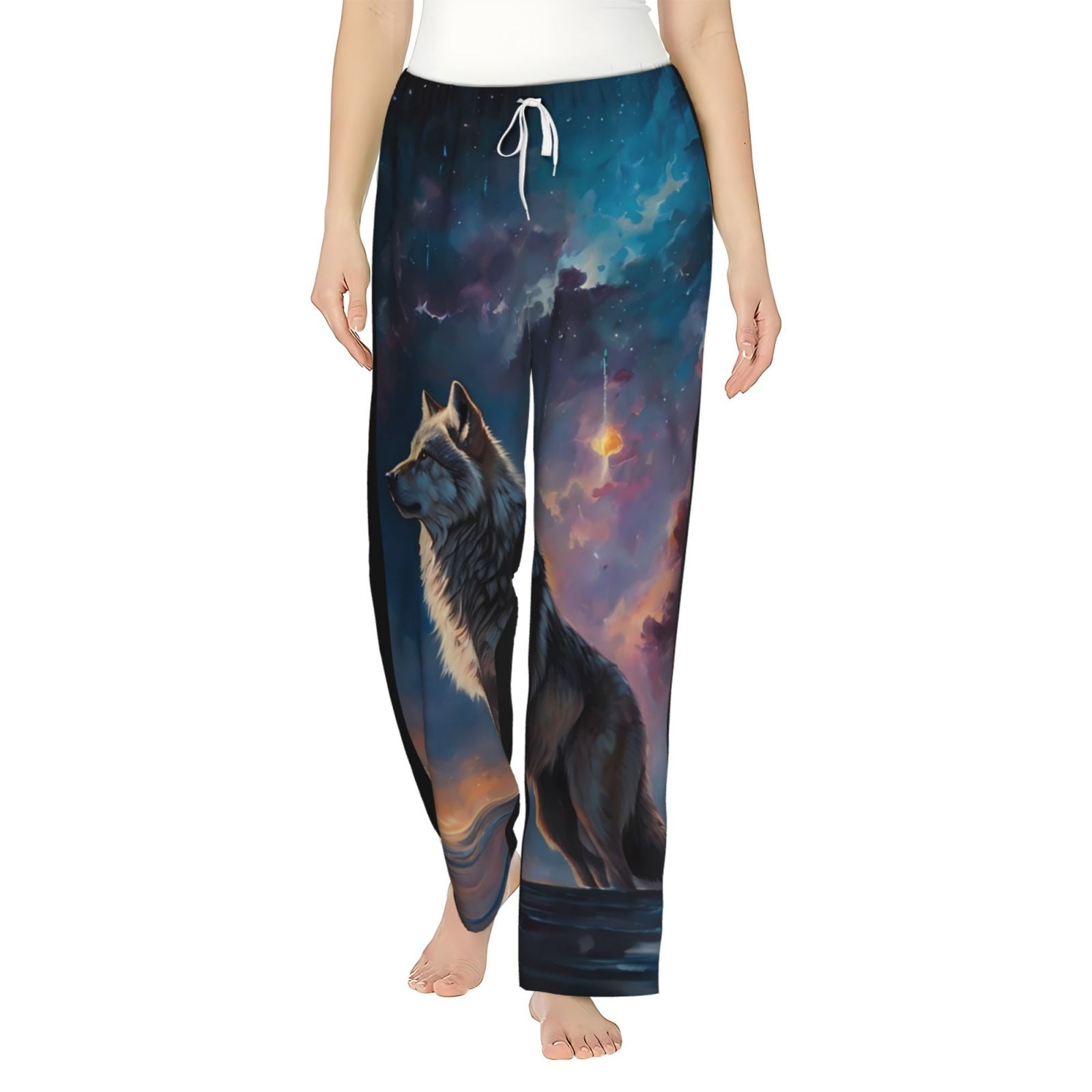 Uemuo Night Sky Wolf Pattern Women's Wide Leg Palazzo Lounge Pants with ...