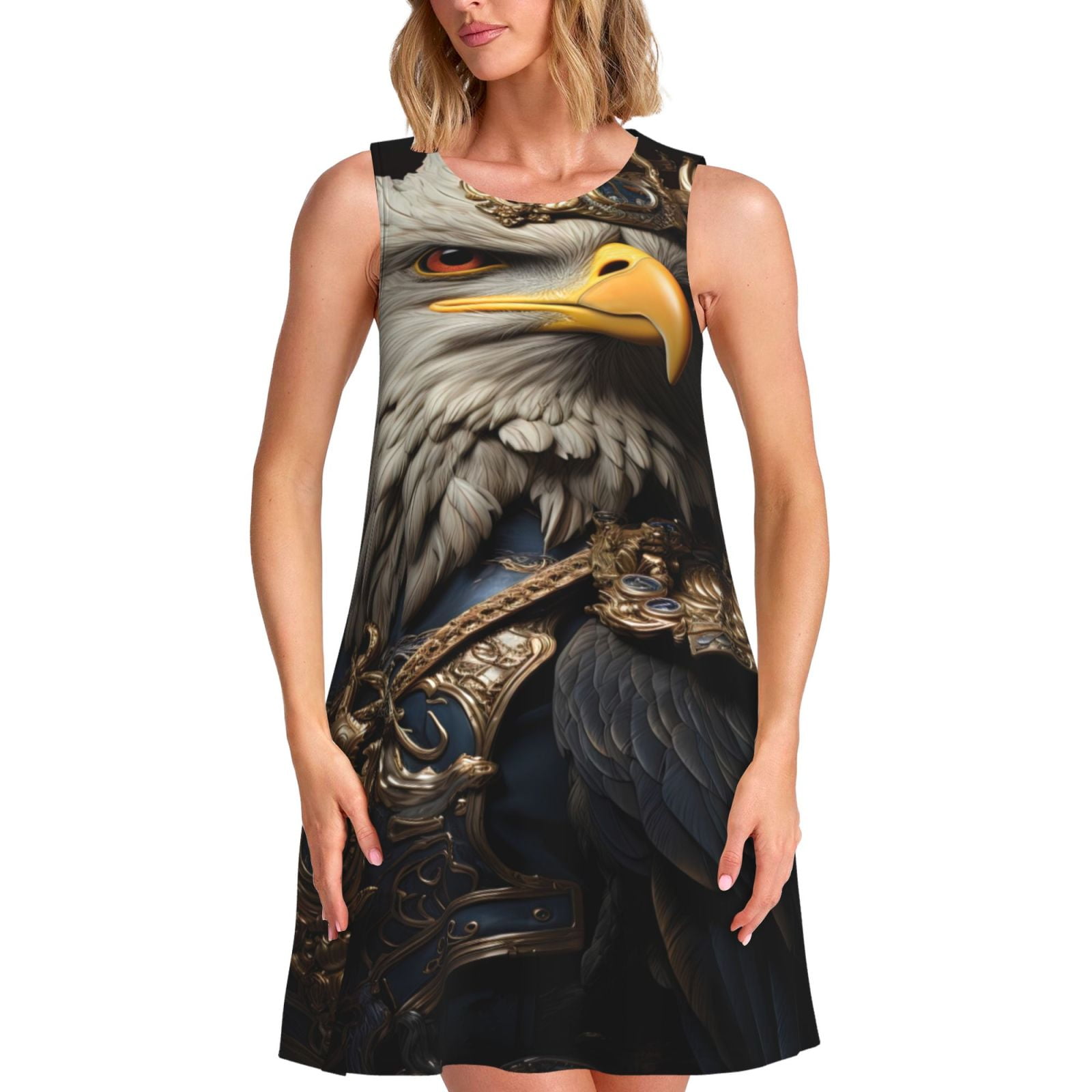 Uemuo Noble Style Bald Eagle Pattern Women’s Sleeveless Dress – Casual ...