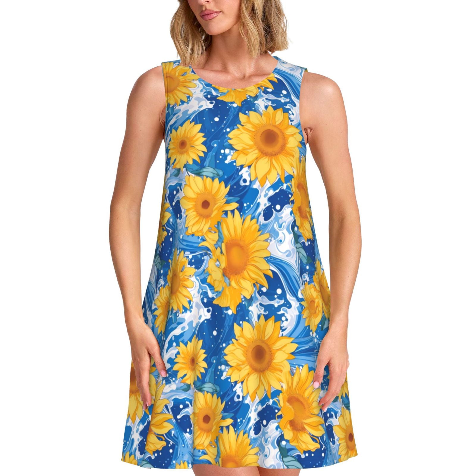 Uemuo Ocean Wave Sunflower Pattern Women’s Sleeveless Dress – Casual ...