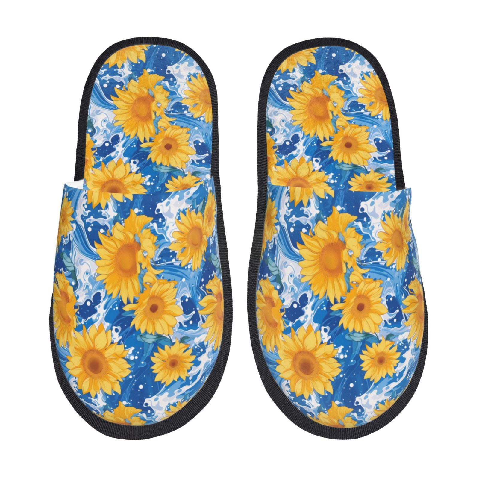 Uemuo Ocean Wave Sunflower Printe Plush Furry Slippers with EVA Sole ...