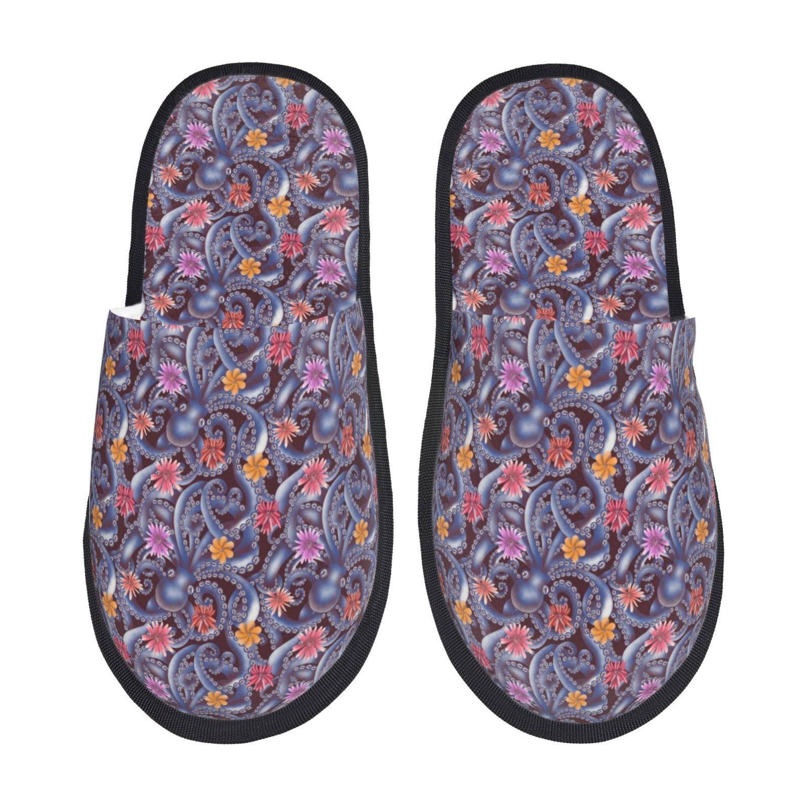 Uemuo Octopus and flower Printe Plush Furry Slippers with EVA Sole for ...