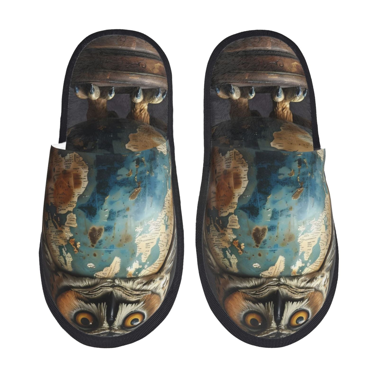 Uemuo Owl Globe Sculpture Printe Plush Furry Slippers with EVA Sole for ...