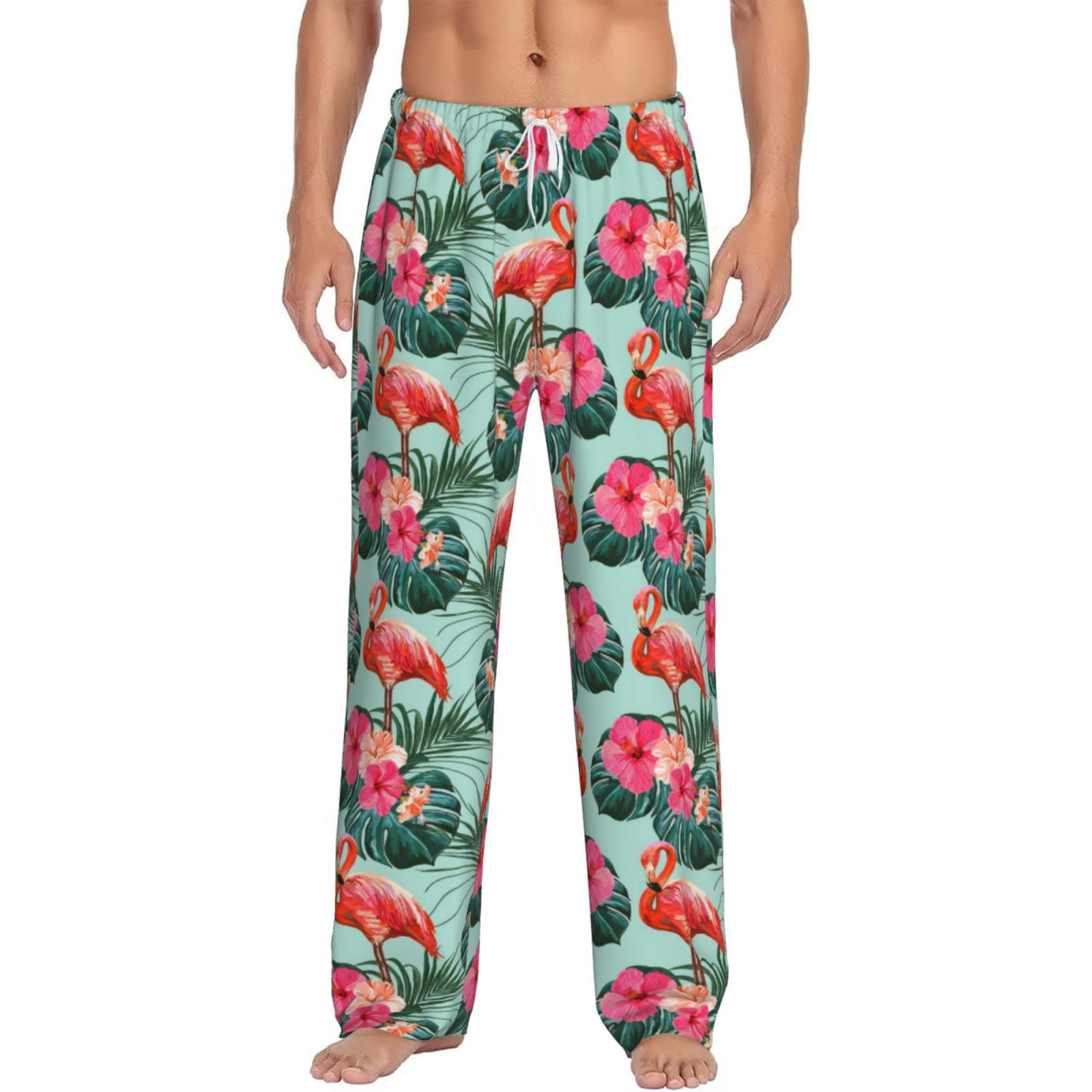 Uemuo Palm Leaves Flamingo Pattern Men's Wide Leg Palazzo Lounge Pants ...