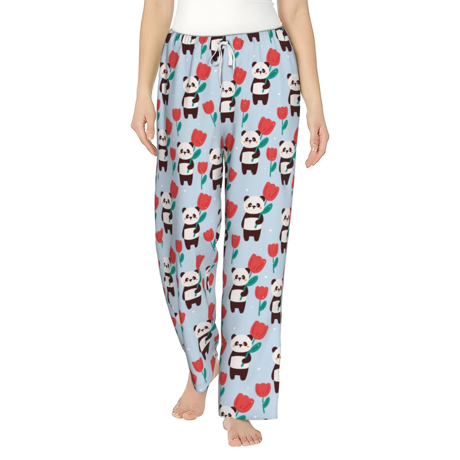 Uemuo Panda And Rose Pattern Women's Wide Leg Palazzo Lounge Pants with ...