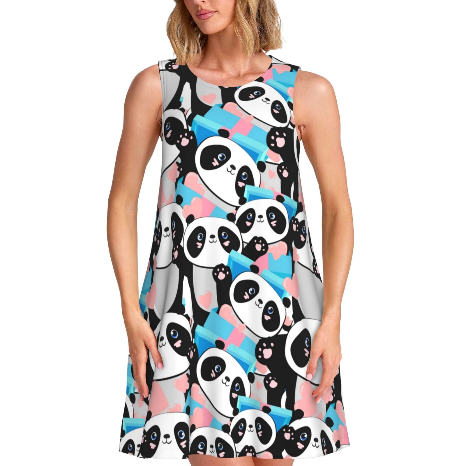 Uemuo Panda Cute Hearts Pattern Women’s Sleeveless Dress – Casual Summer A-Line Dress, Stylish ...