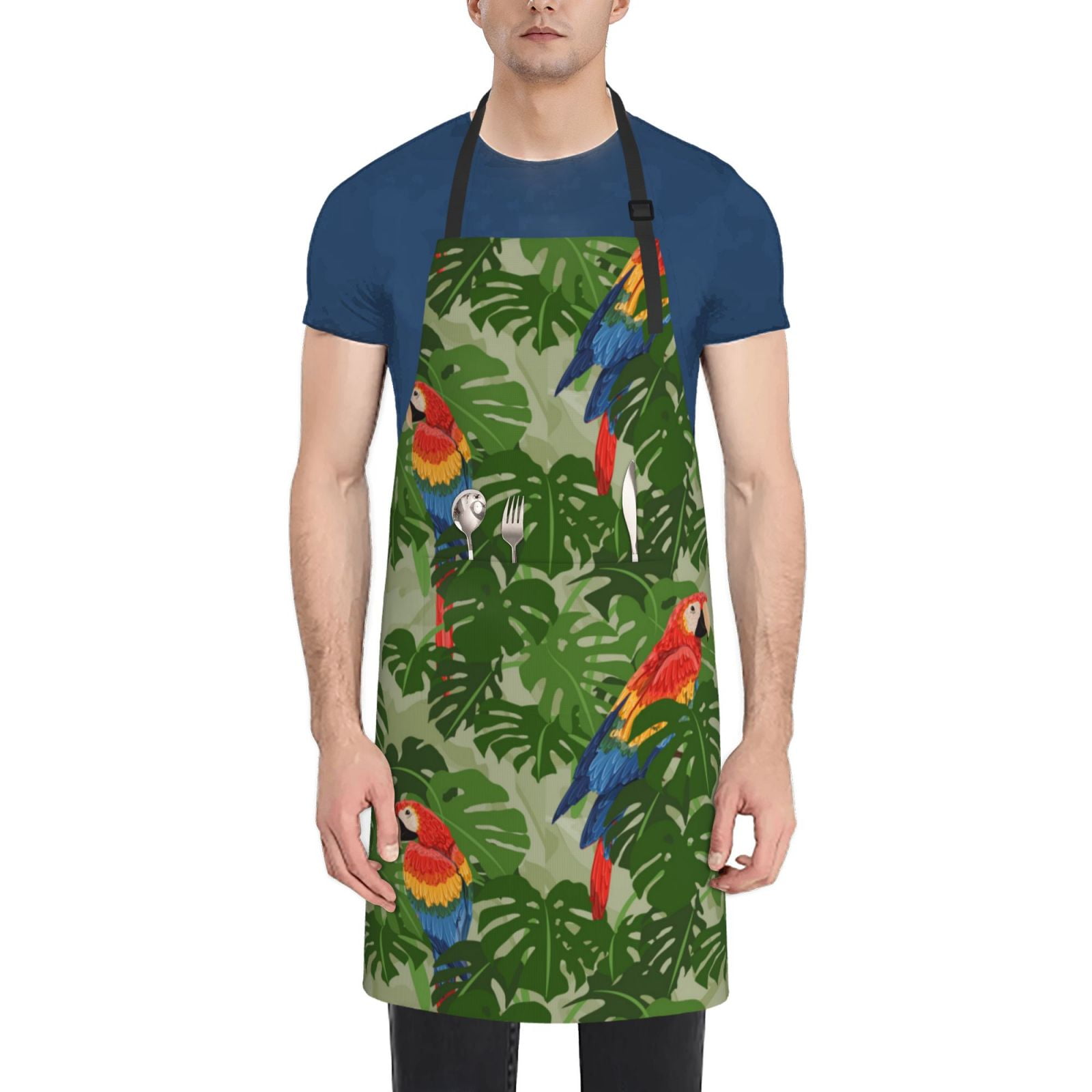 Uemuo Parrots And Tropical Leaves Pattern Waterproof Apron Adjustable Dishwasher Apron- Apron ...