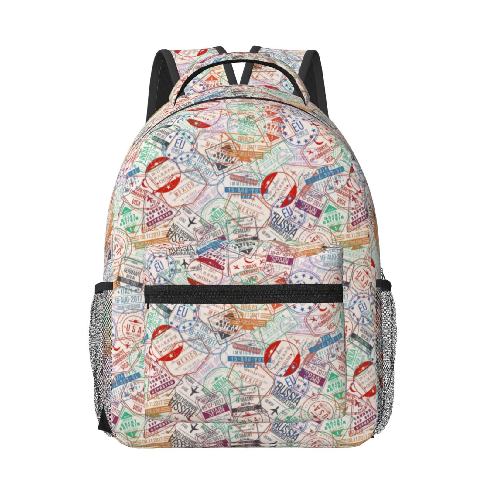 Uemuo Passport Stamp Printed Student Durable Water-resistant Backpack ...