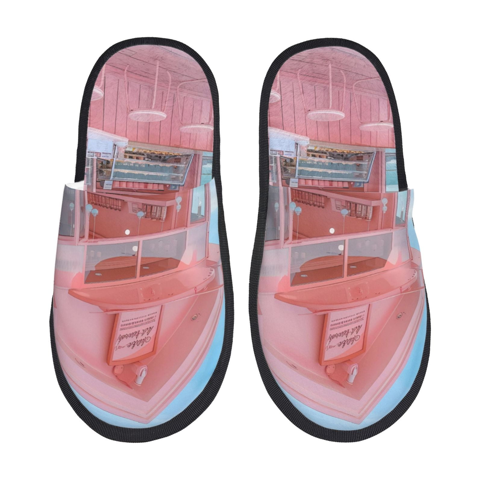 Uemuo Pastel Pink Beach Cafe Printe Plush Furry Slippers with EVA Sole ...