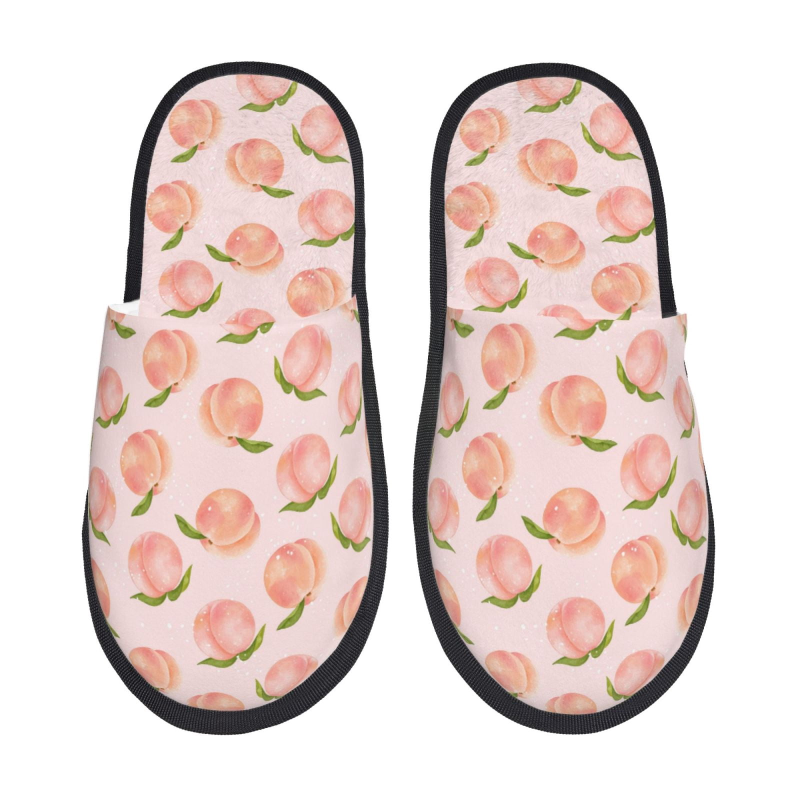 Uemuo Peach With Leaves Printe Plush Furry Slippers with EVA Sole for ...