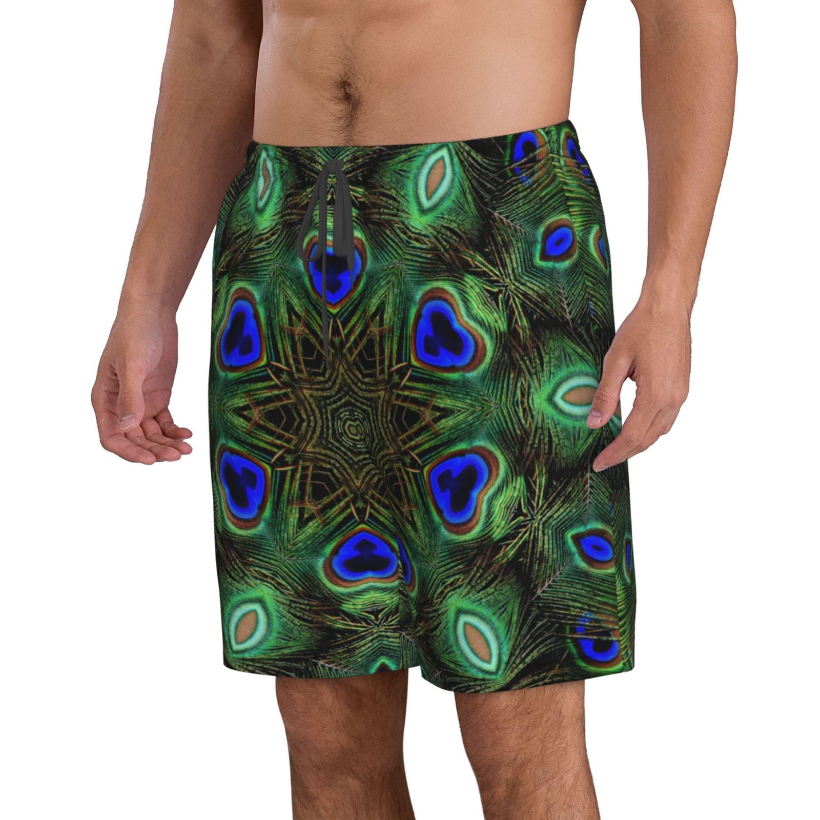 Uemuo Peacock Feathers Pattern Men's Swim Trunks Hawaiian Beach Bathing ...
