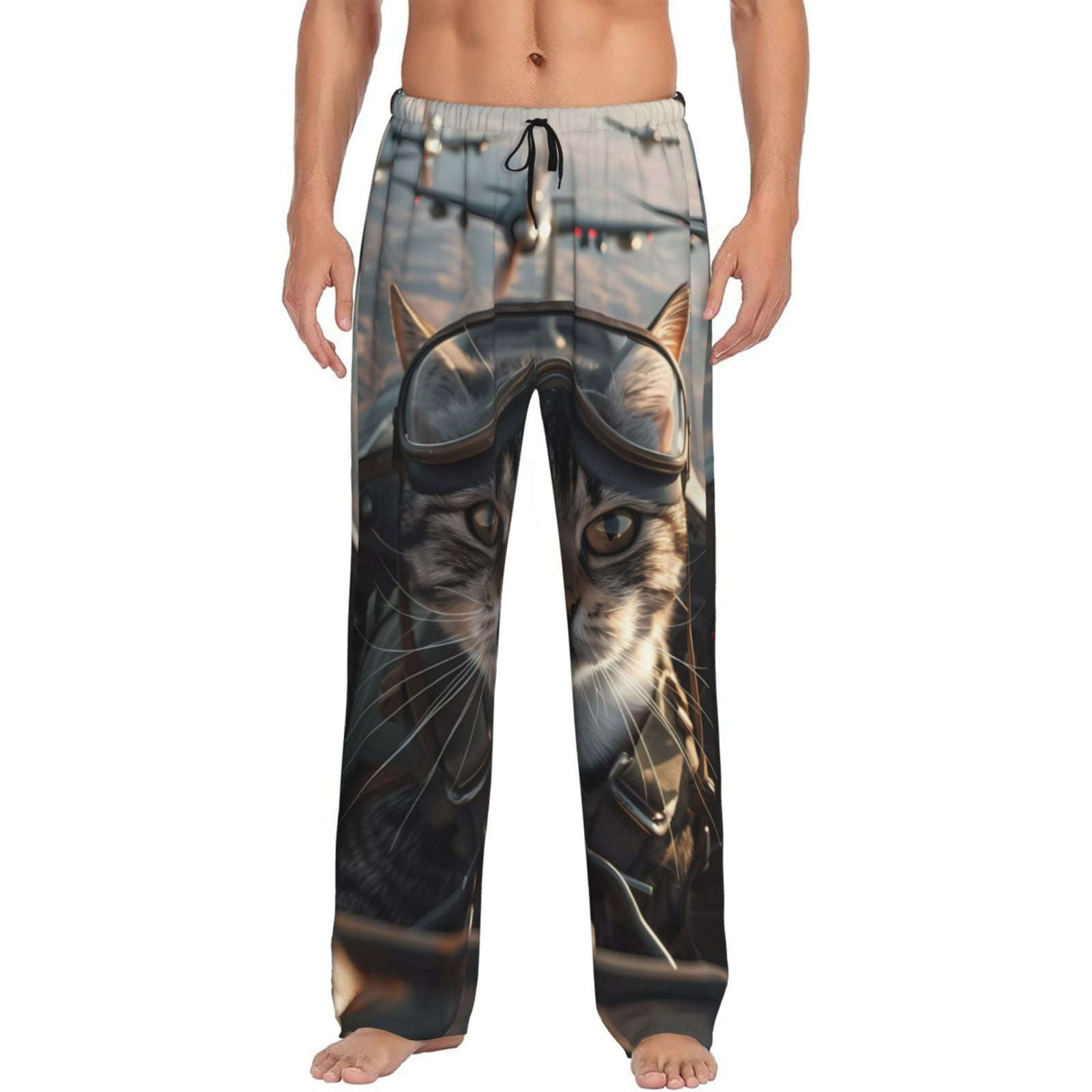 Uemuo Pilot Cat In Vintage Plane Pattern Men's Wide Leg Palazzo Lounge ...
