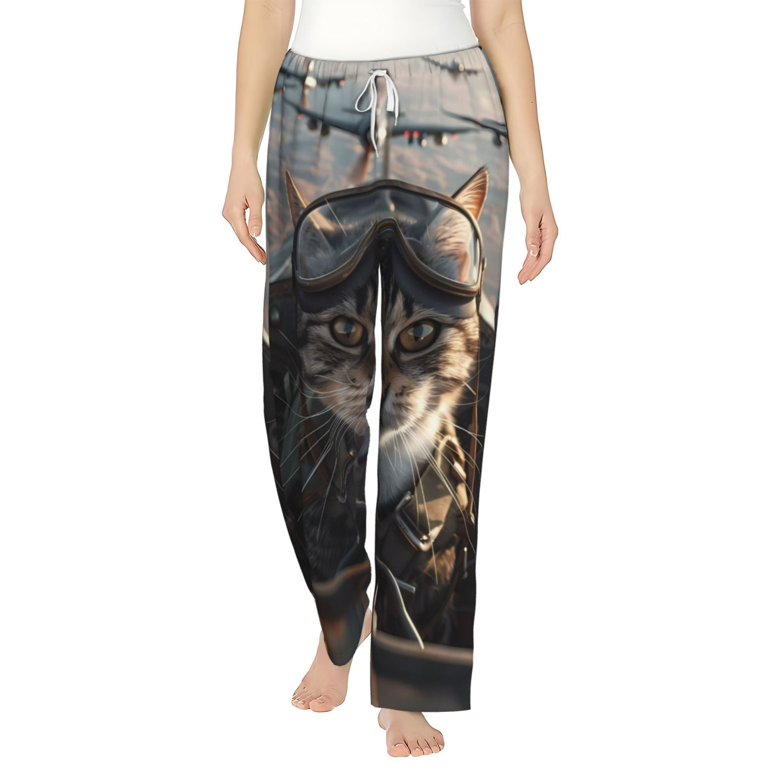 Uemuo Pilot Cat In Vintage Plane Pattern Women's Wide Leg Palazzo ...