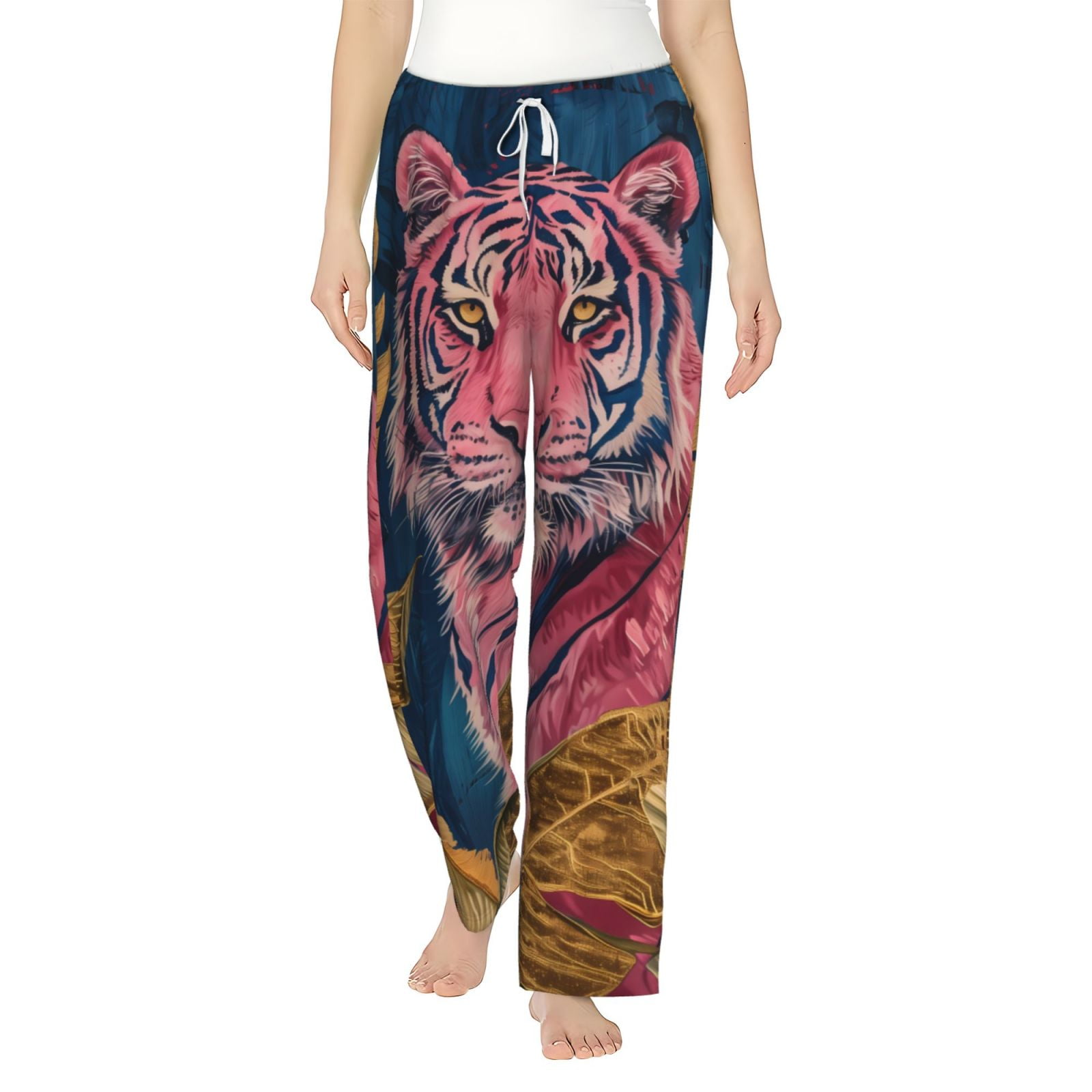 Uemuo Pink Tiger Gold Leaves Pattern Women's Wide Leg Palazzo Lounge ...