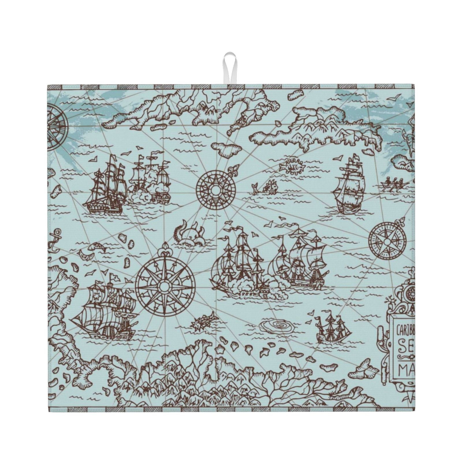 Uemuo Pirate Adventure Map Pattern Dish Drying Mat,16*18 inch Absorbent ...