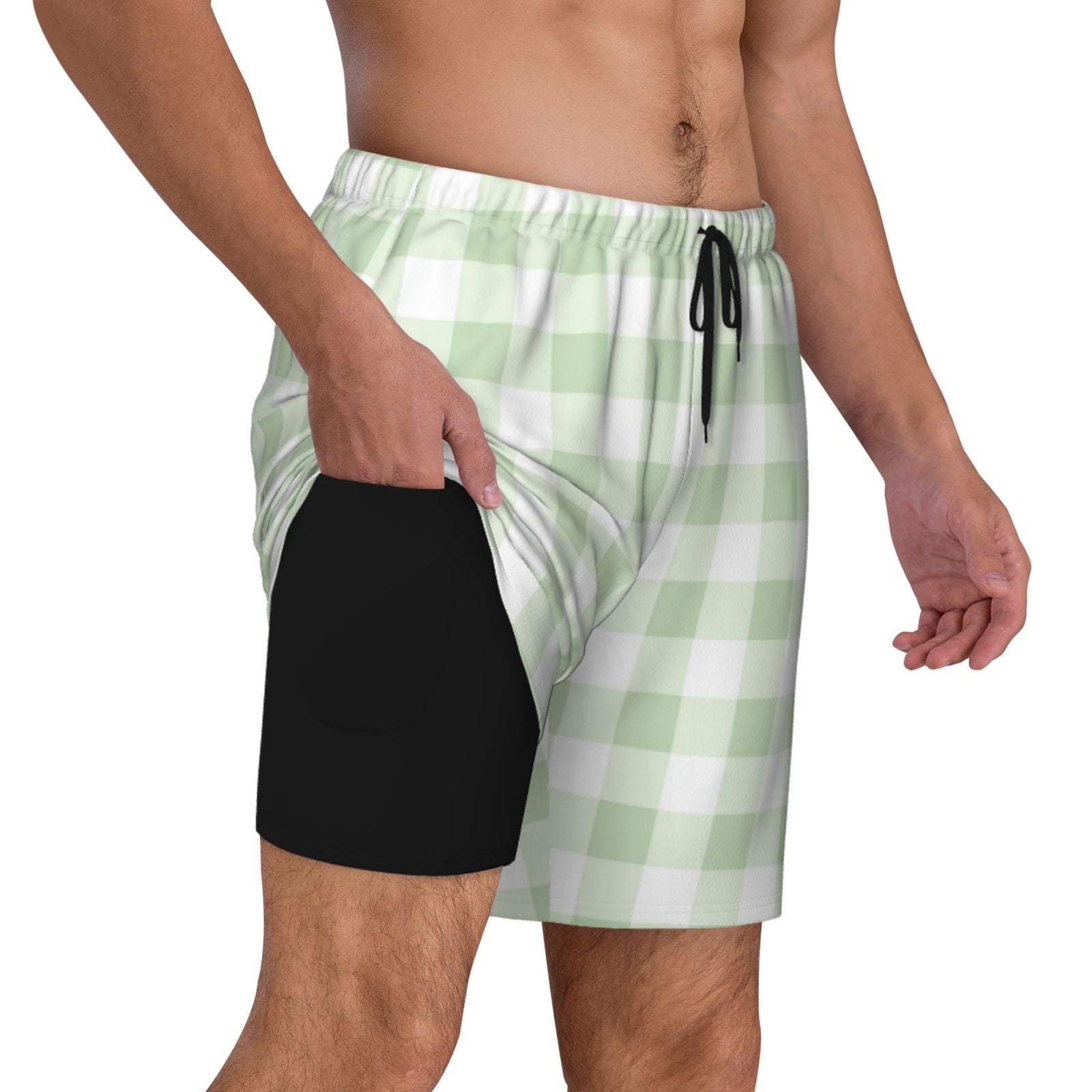 Uemuo Pistachio Green Checkboard Pattern Mens Swim Trunks Quick Dry ...