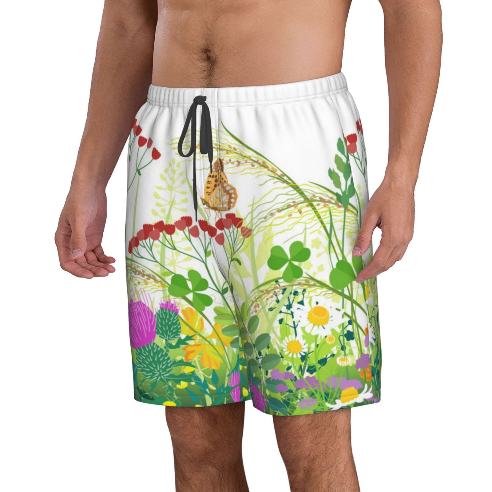 Uemuo Plants and Insects Pattern Men's Swim Trunks Hawaiian Beach ...